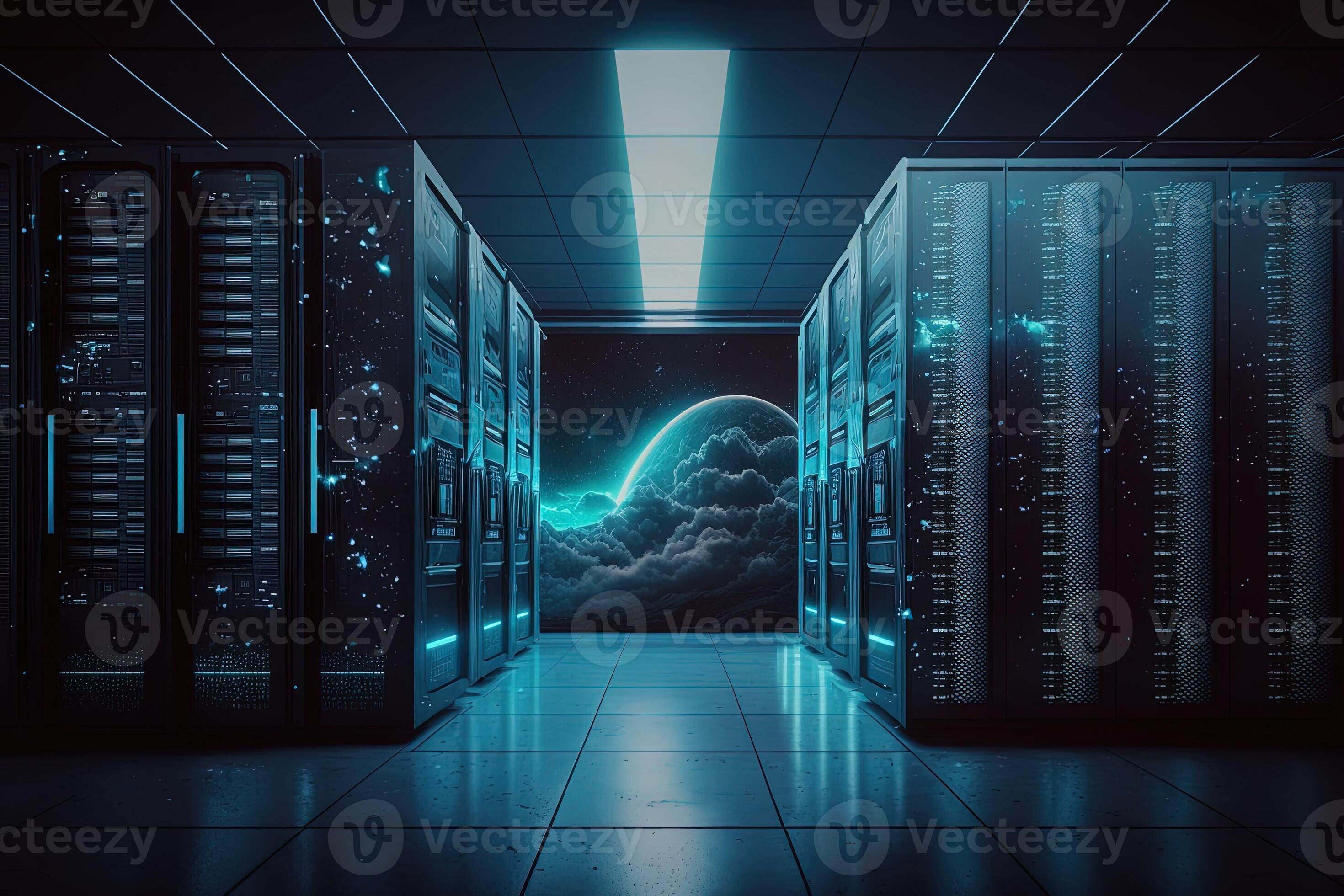 Data Center Room With Mainframe Storage Servers Cloud Network Concept Hosting Databases And