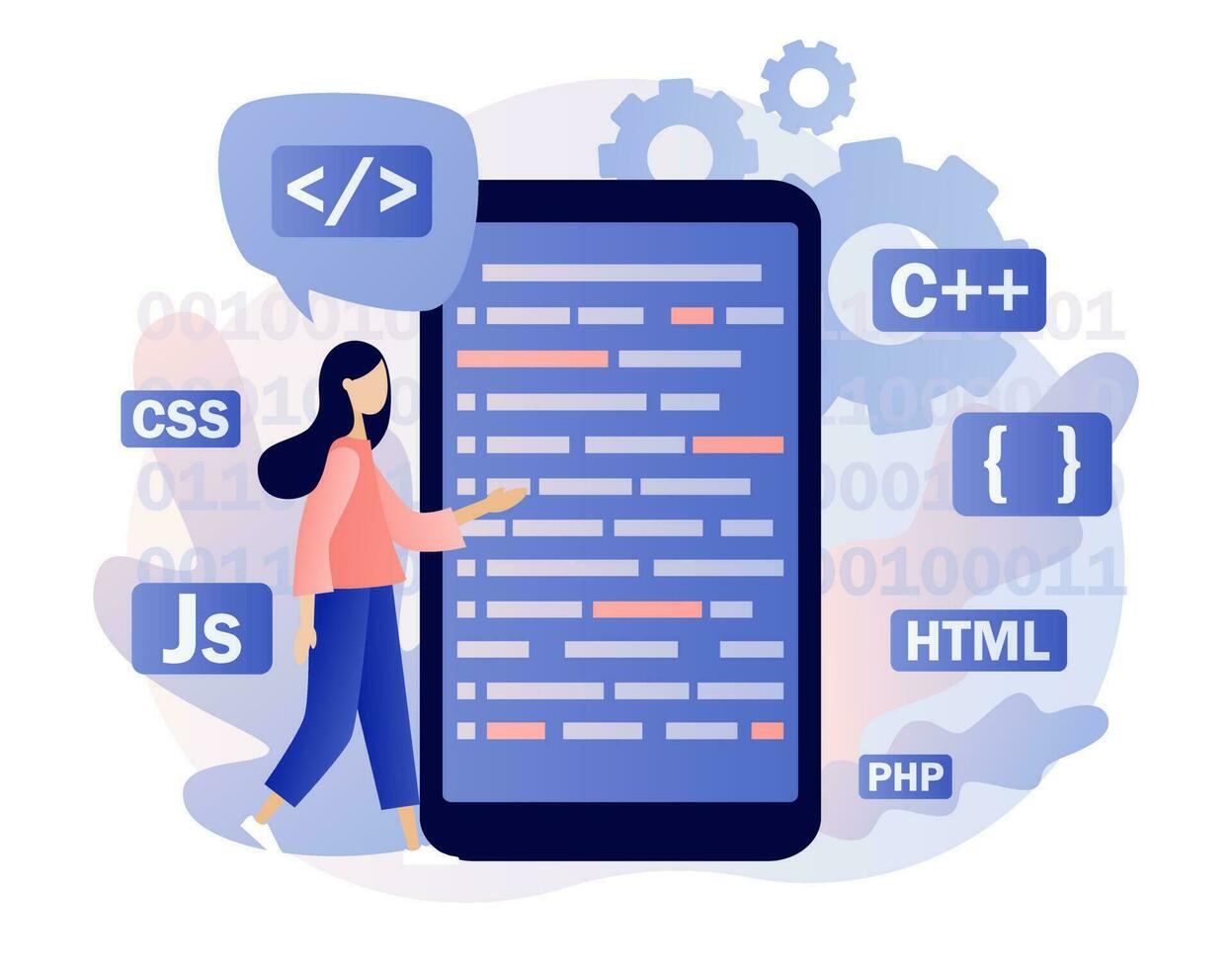 Programming And Engineering Development Tiny Woman Programmer Or Developer Create Code