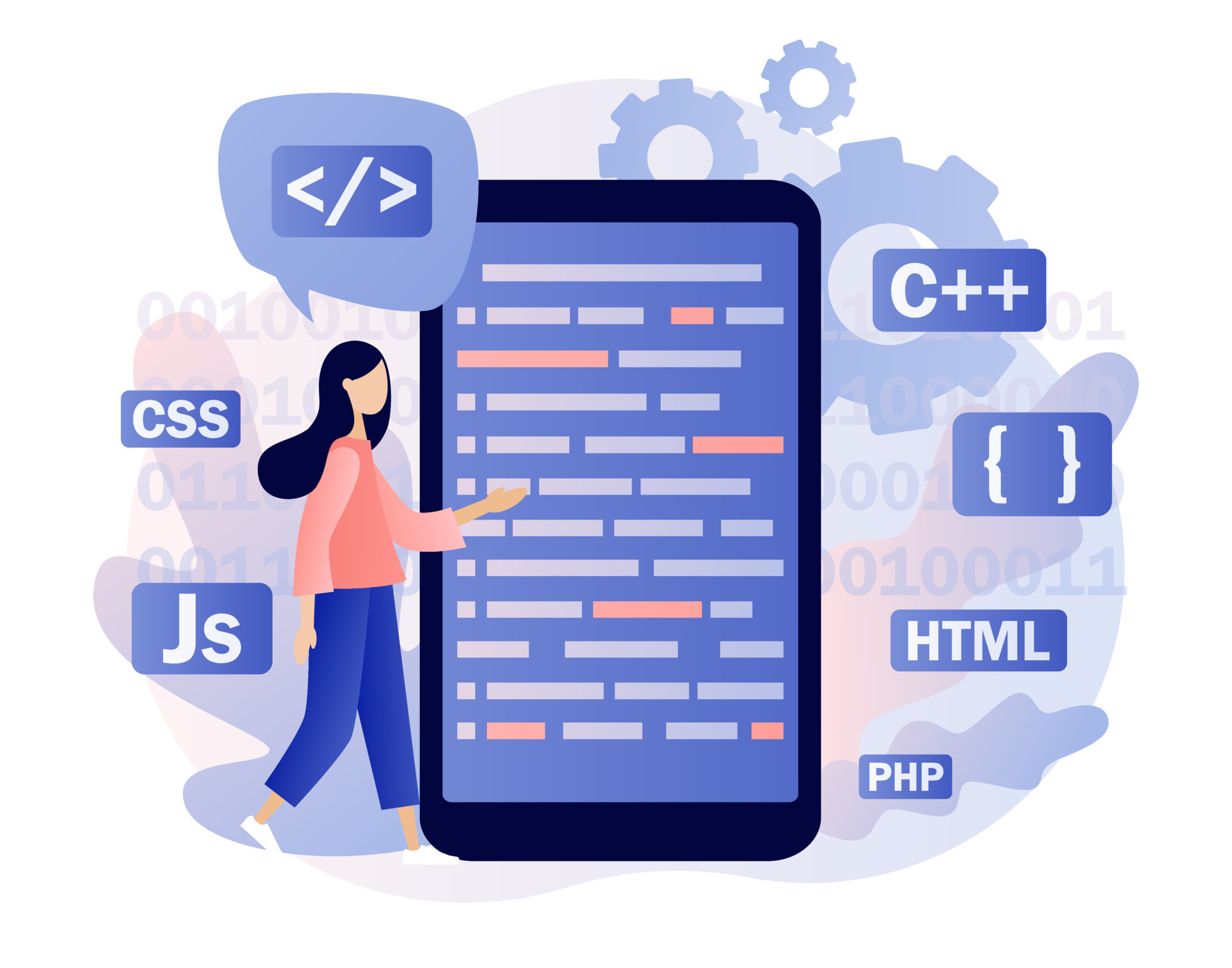 Programming And Engineering Development Tiny Woman Programmer Or Developer Create Code