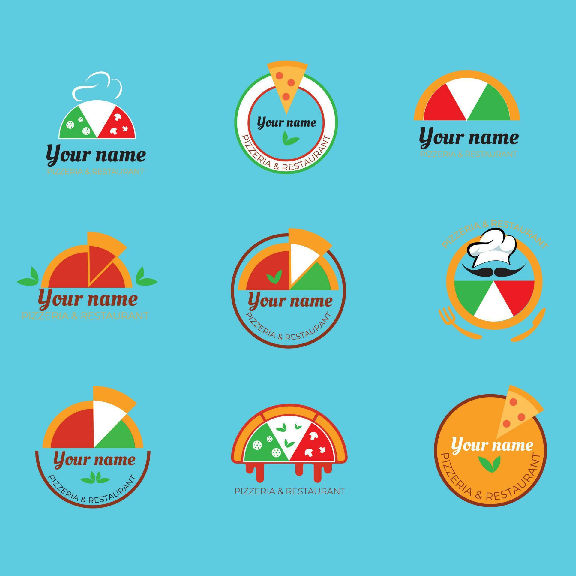 Pizzeria logos. Set of vector badges with pizza, full and slices on vintage chalkboard ...