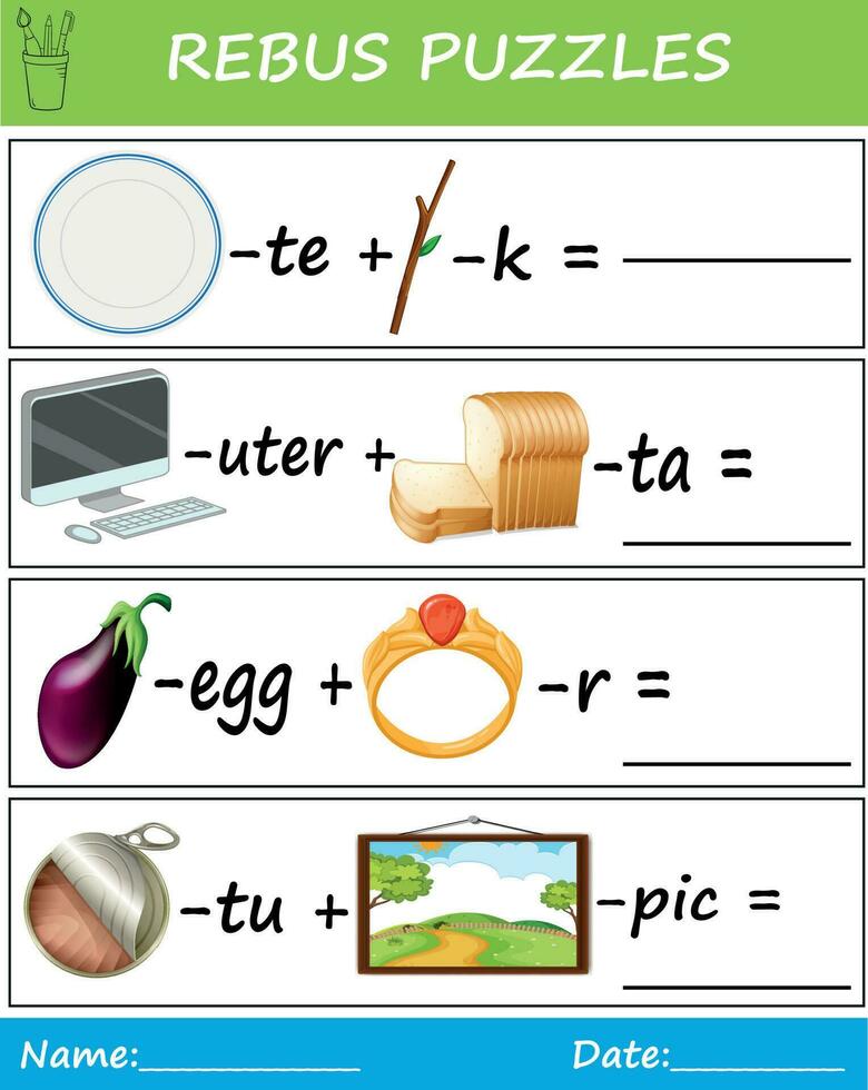 Rebus puzzles for kids creative brain teasers and picture puzzles to exercise a kid s brain worksheet Answer Plastic Compost Planting and Nature 23583001 Vector Art at Vecteezy