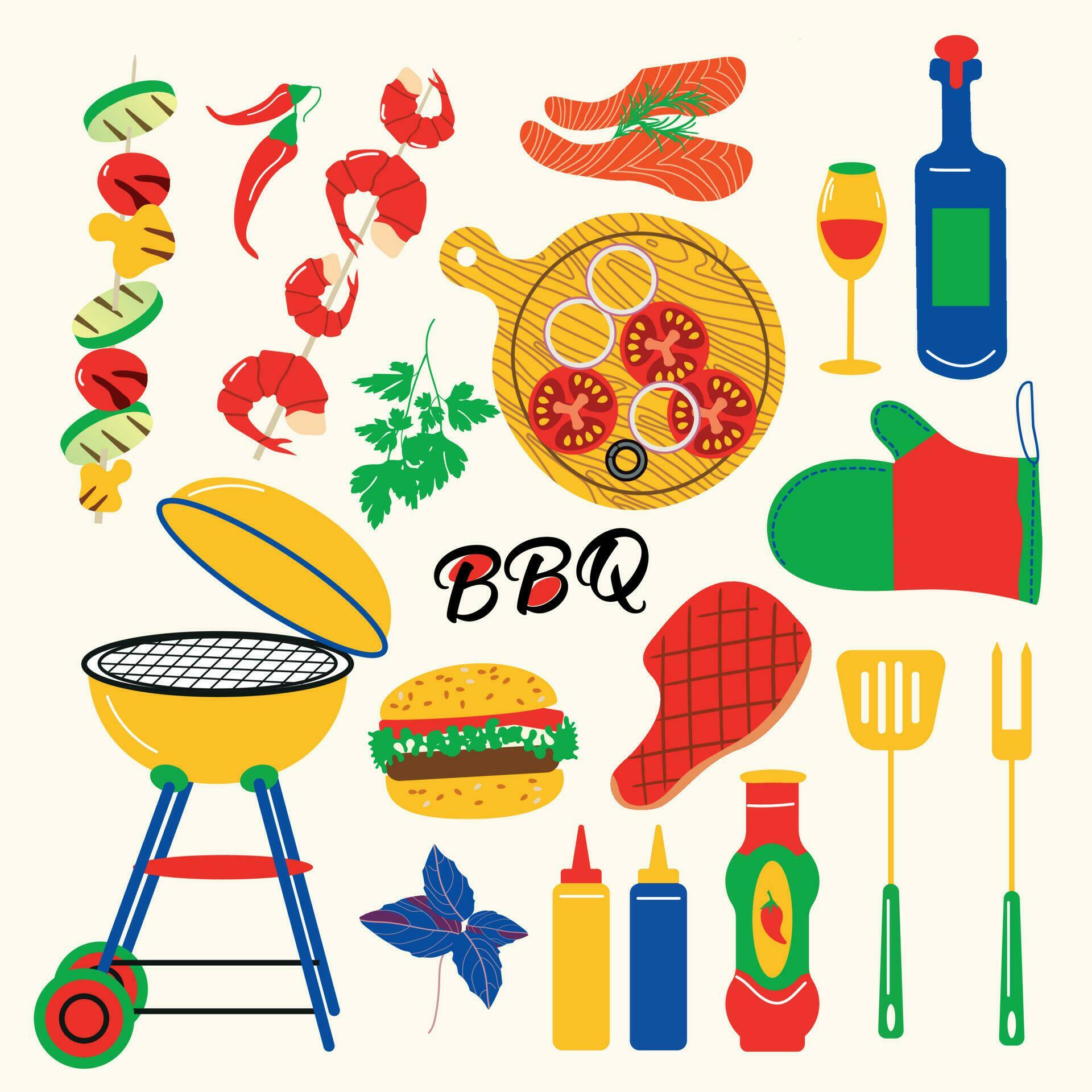 BBQ party icons set, barbecue, grill or picnic.Barbecue cooking equipment collection - grill ...