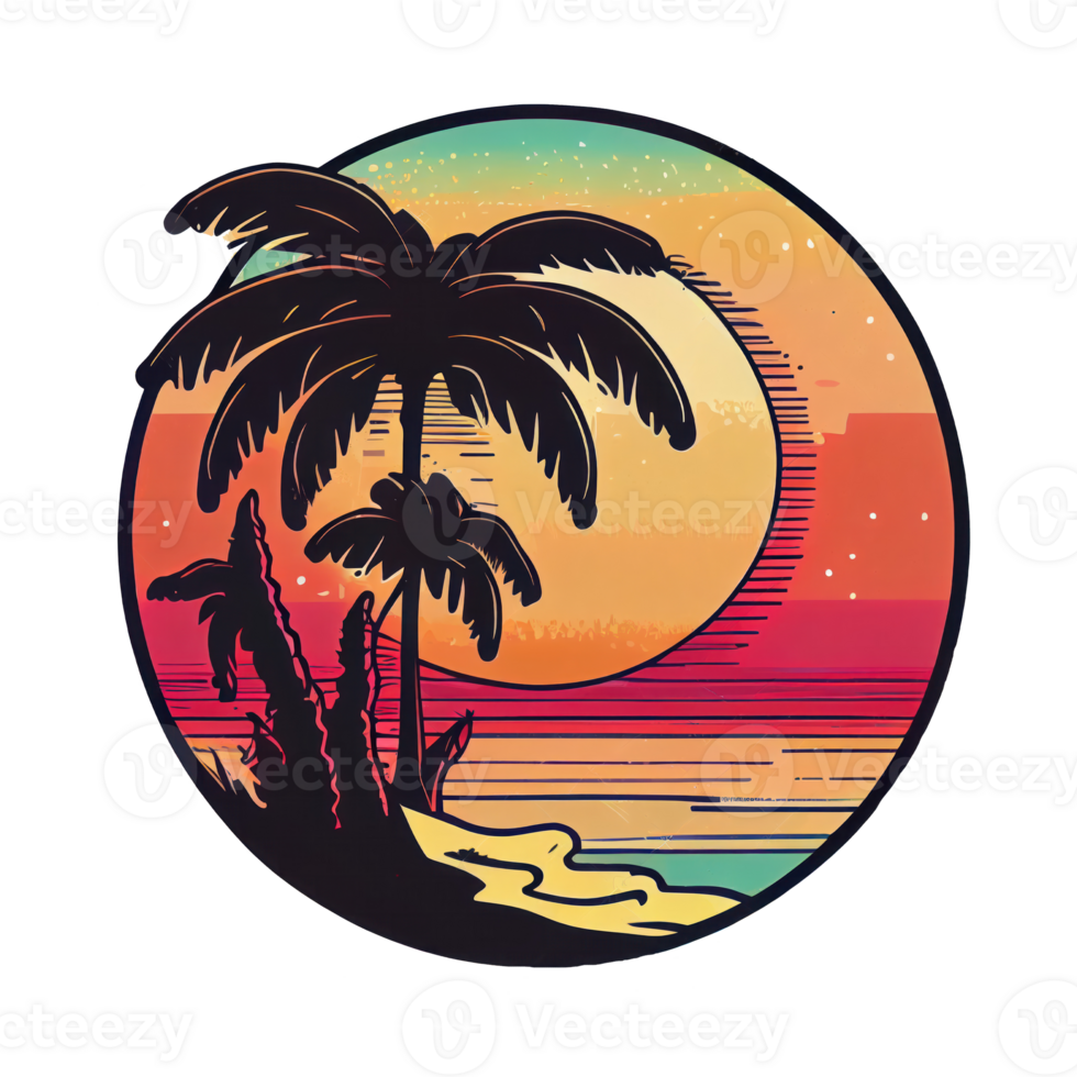 Synthwave Sunset Landscape With Palm Trees Retro Wave Illustration