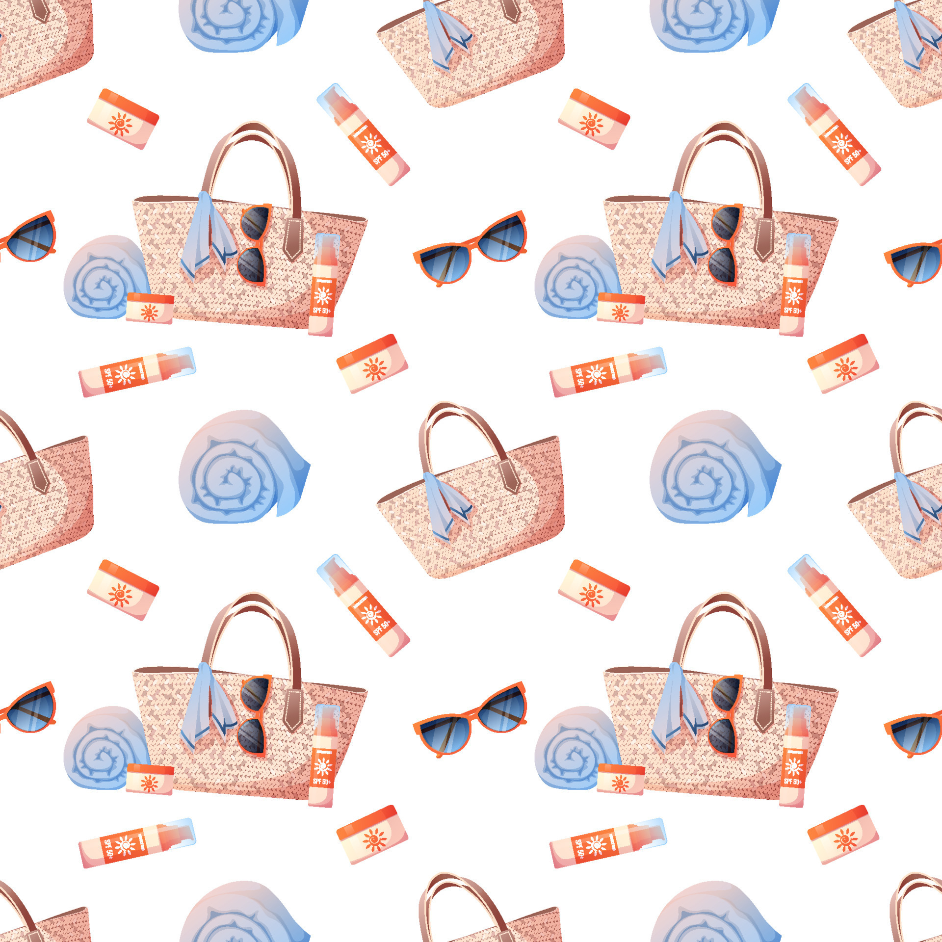 Seamless pattern with straw bag, glasses, towel, sunscreen. Seamless ...
