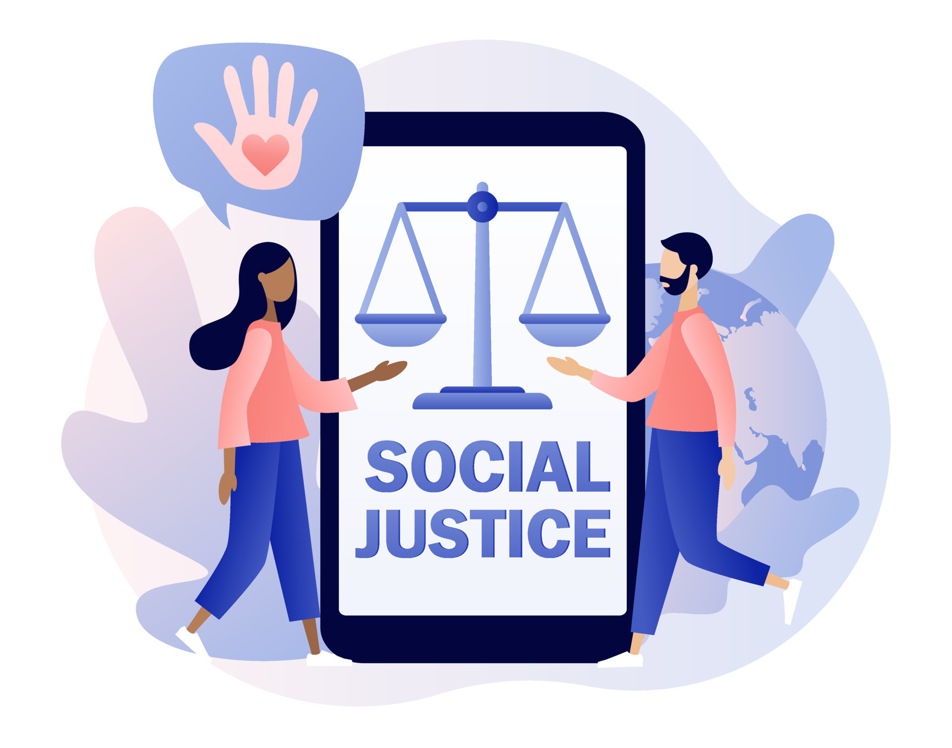 Social justice - text on smartphone screen. Human rights concept. Scales as symbol of equality ...