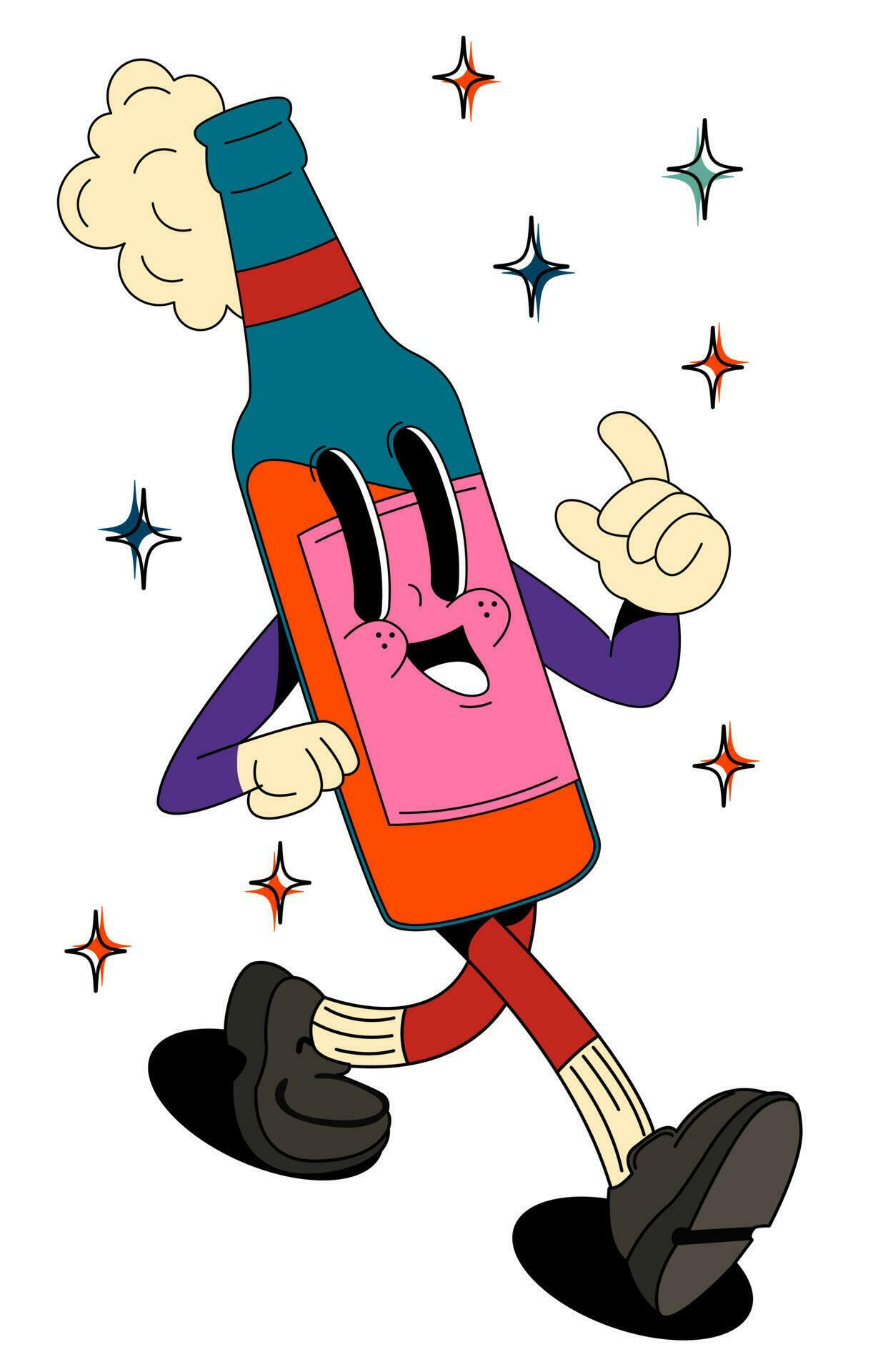 Psychedelic, groovy retro cartoon beer character. Modern sticker with ...