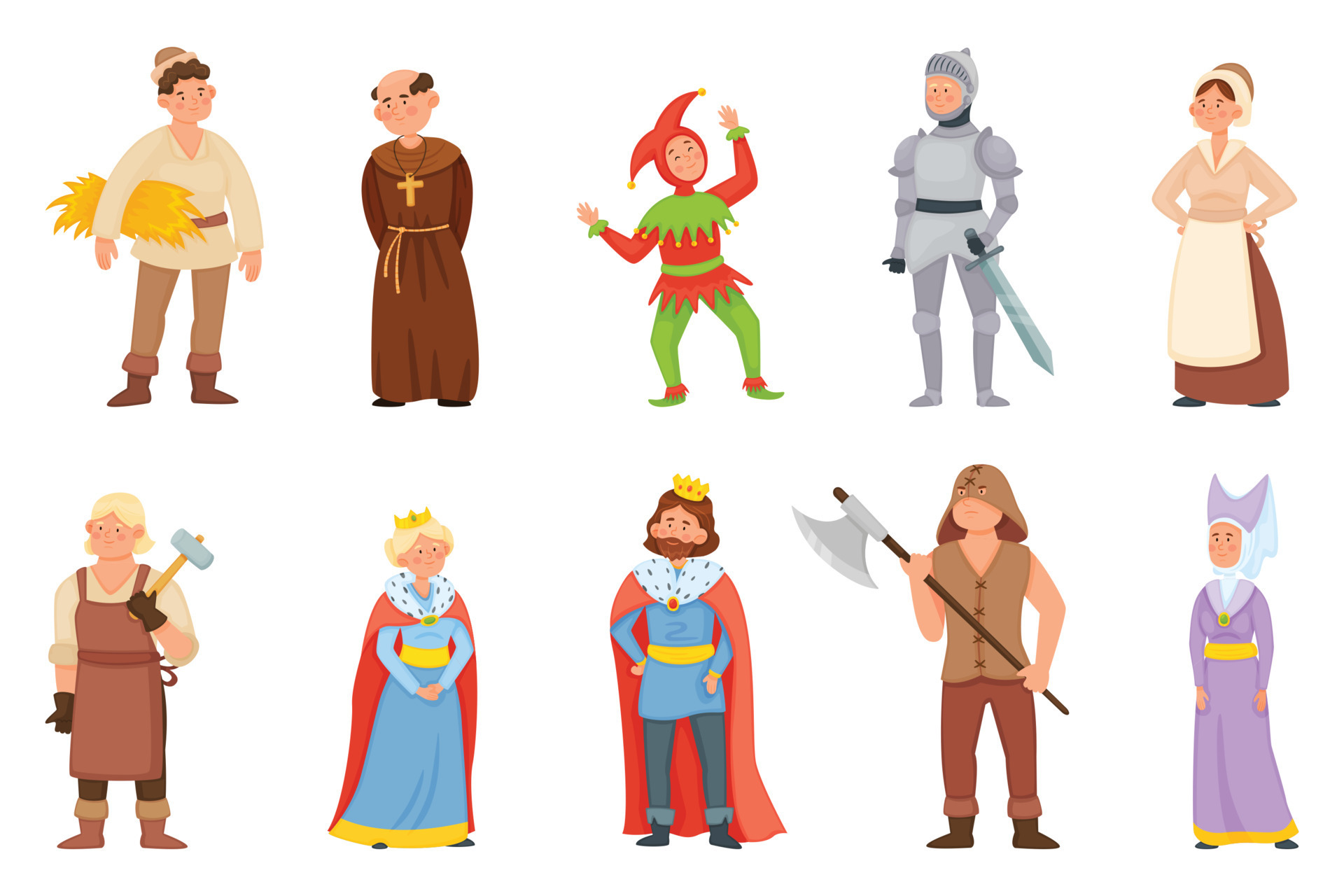 Cartoon historical medieval characters, king and queen, princess ... Cartoon historical medieval characters, king and queen, princess ...