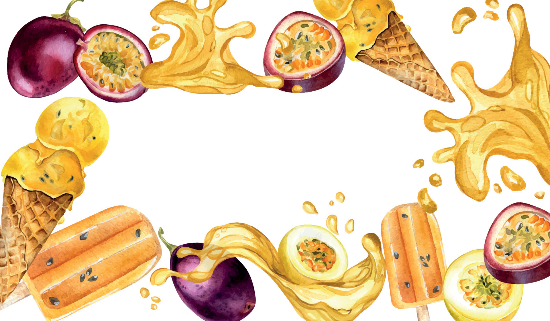 Frame With Passion Fruits Ice Cream Watercolor Illustration Isolated On White Maracuja Juicy