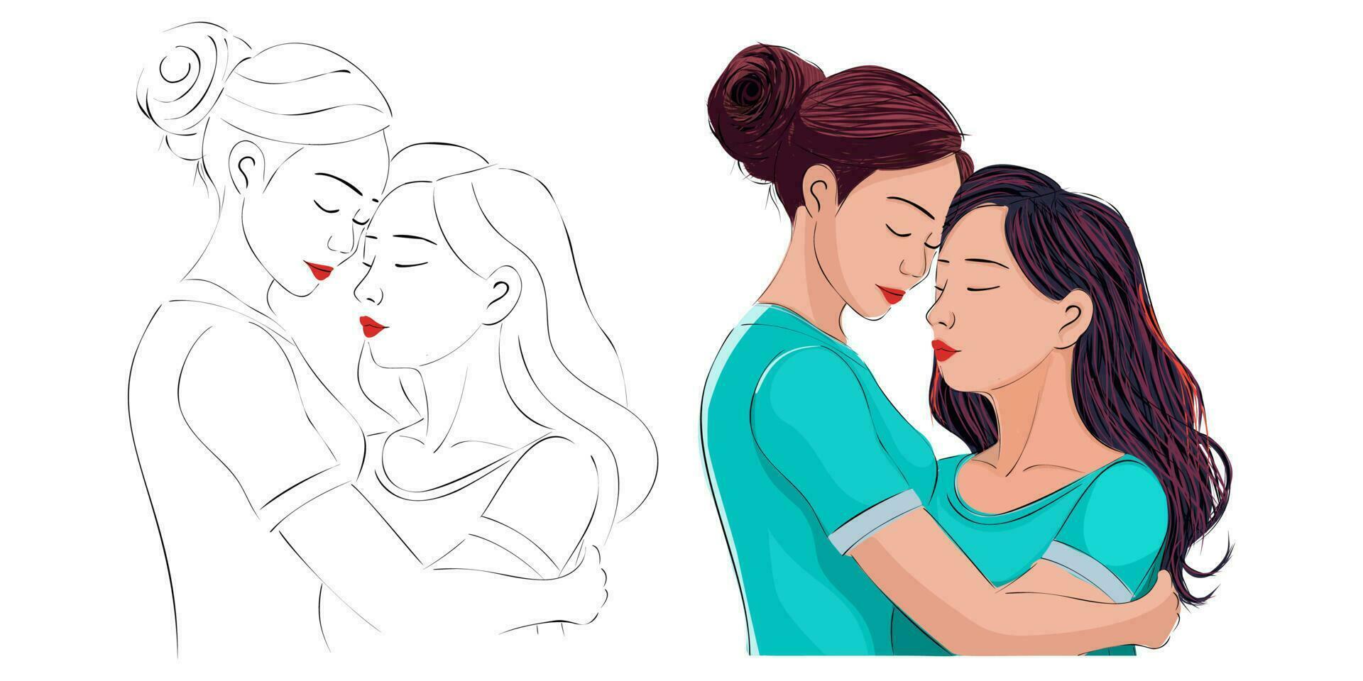 Lesbian Couple Flat Design Illustration Portrait Of Two Beautiful Girls In An Intimate 6801