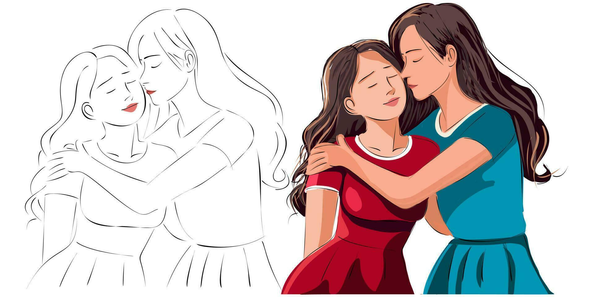 Lesbian Couple Flat Design Illustration Portrait Of Two Beautiful Girls In An Intimate 2520