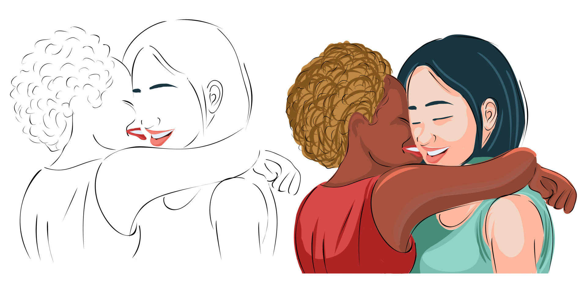 Lesbiana Pareja Plano Diseño Ilustración Retrato De Dos Hermosa
