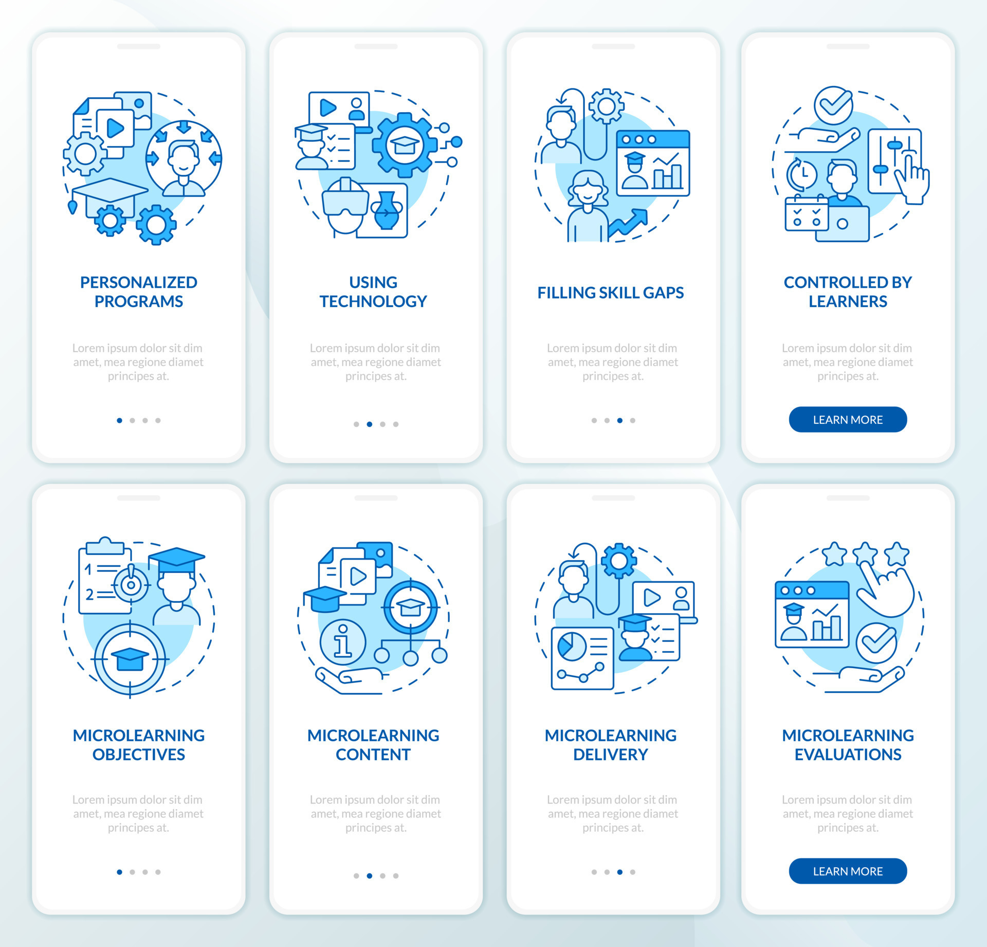Microlearning Based Training Blue Onboarding Mobile App Screen Set