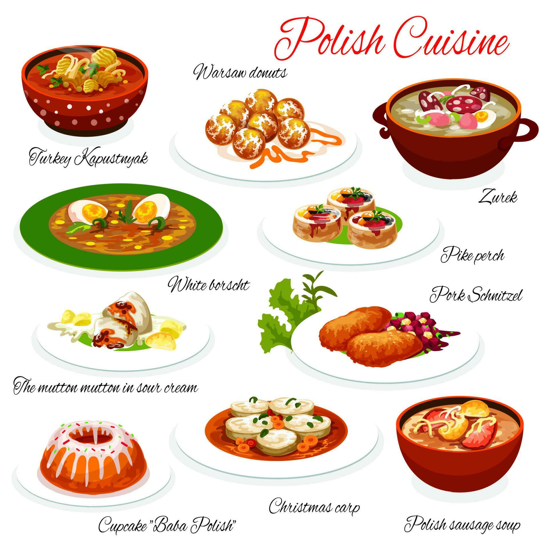 Polish cuisine food, Poland restaurant menu dishes 23589503 Vector Art ...