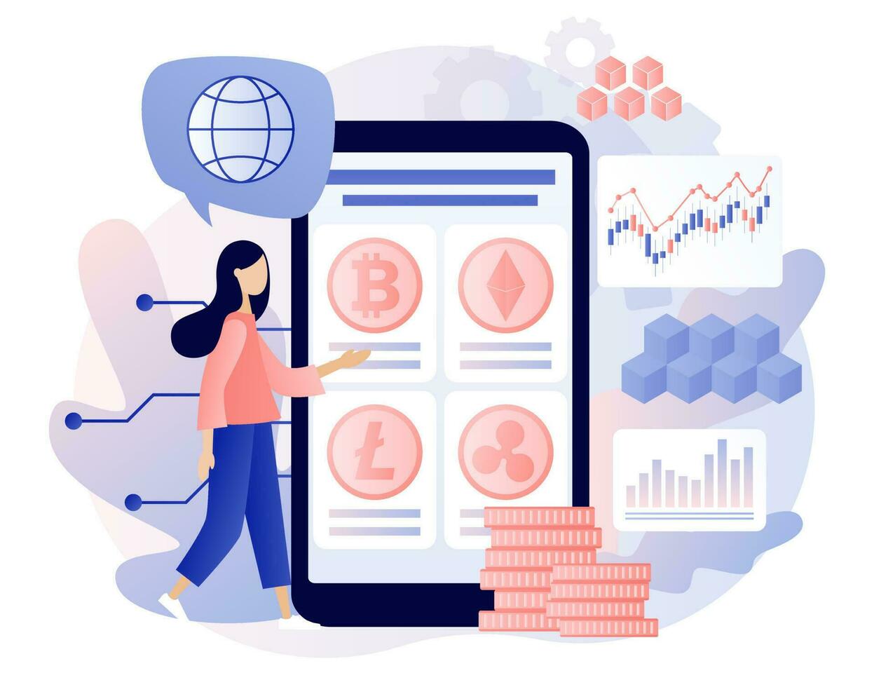 Cripto Divisa Bitcoin Altcoin Minúsculo Mujer Comercio Y Invertir En