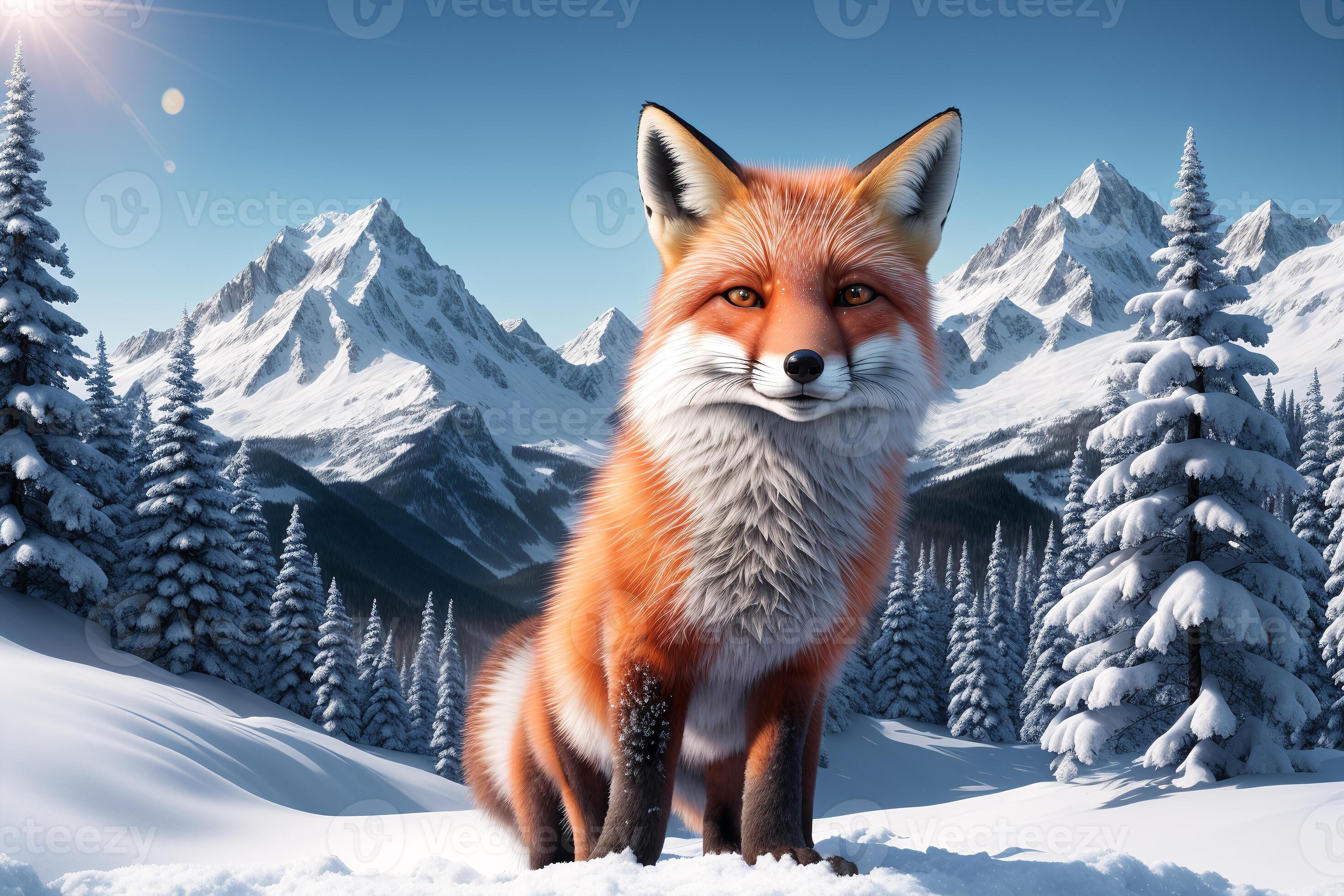 Red fox in the winter forest. Fox in the snowy forest. Animal in nature. Wildlife scene ...