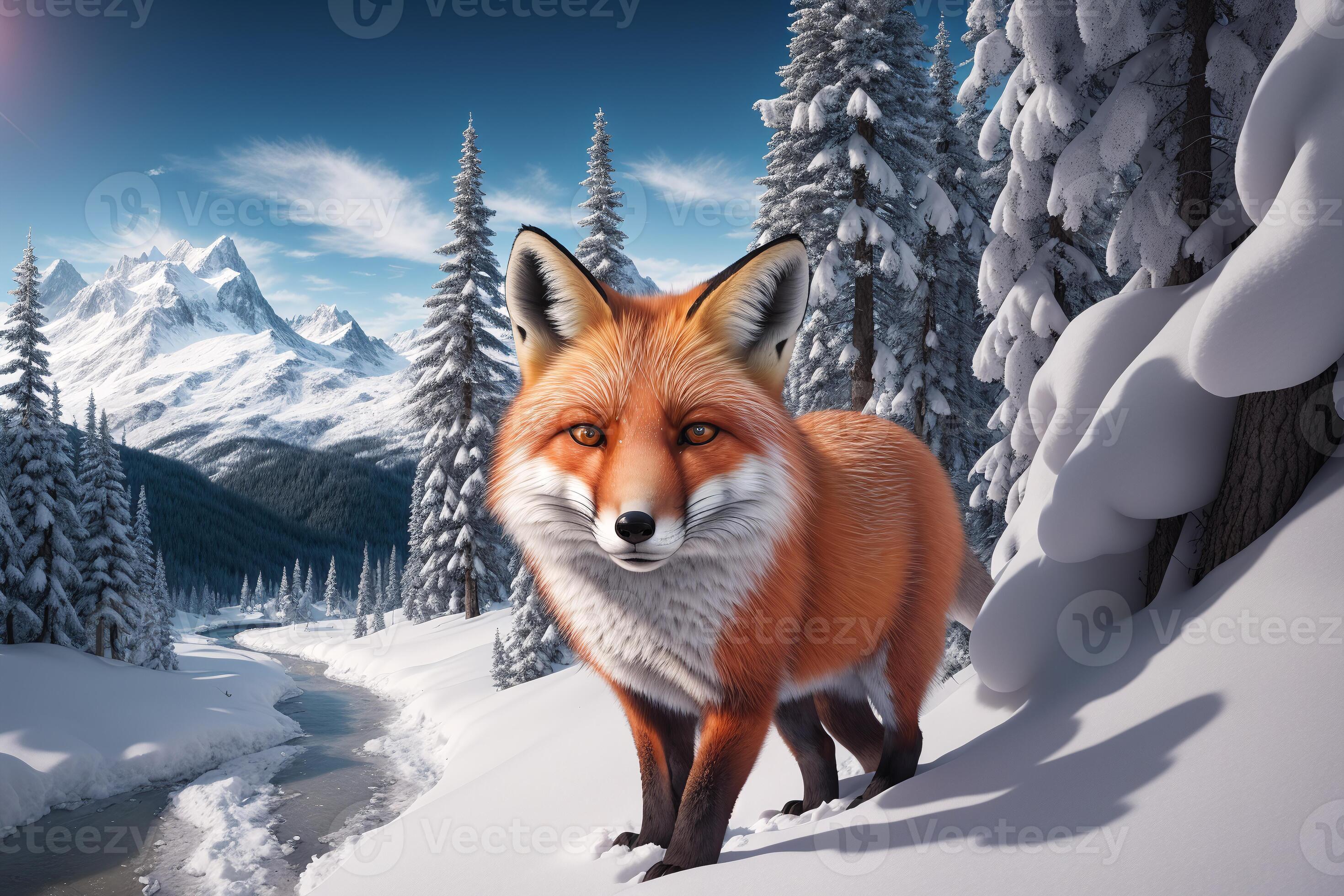 Red fox in the winter forest. Fox in the snowy forest. Animal in nature. Wildlife scene ...