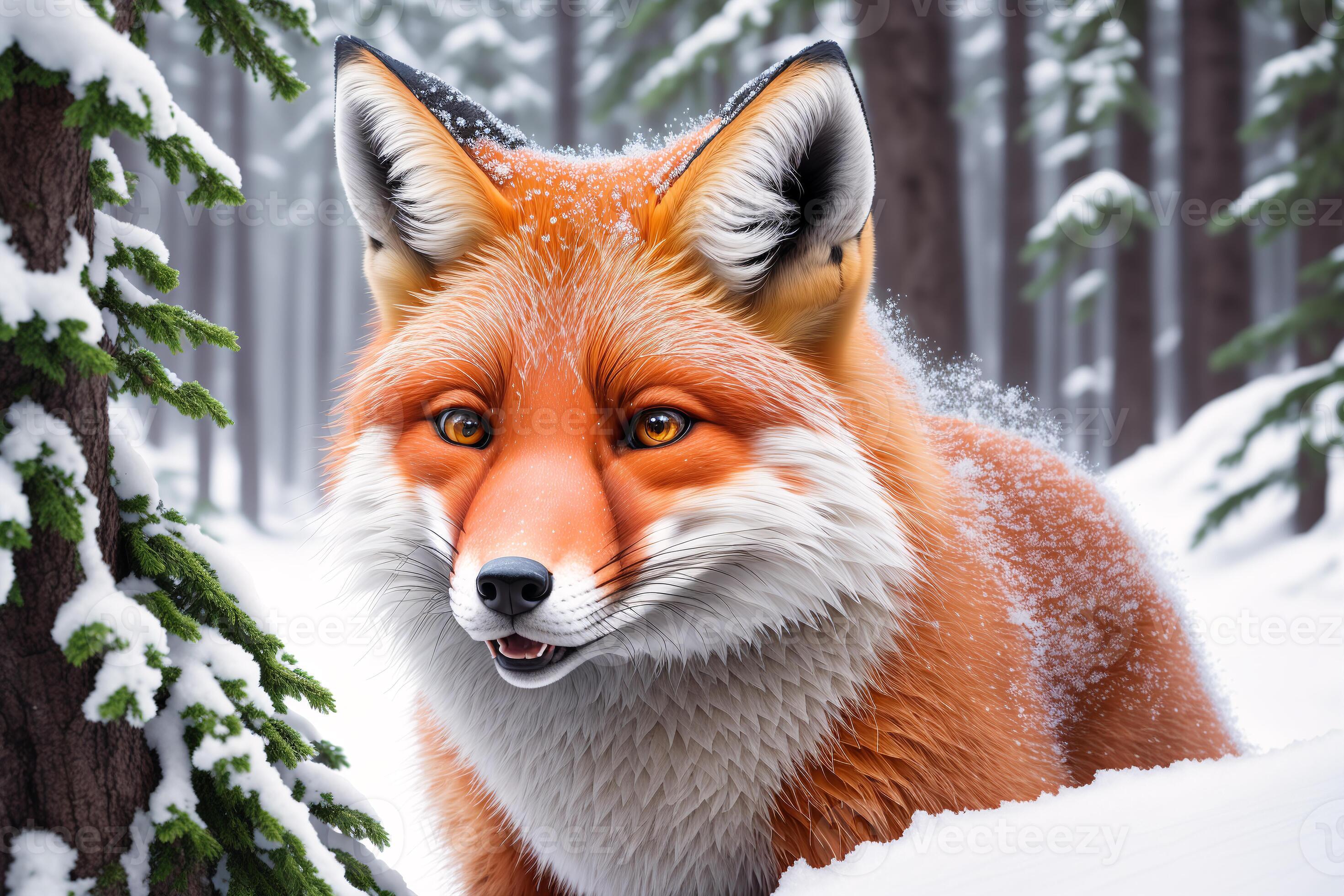 Red fox in the winter forest. Fox in the snowy forest. Animal in nature. Wildlife scene ...
