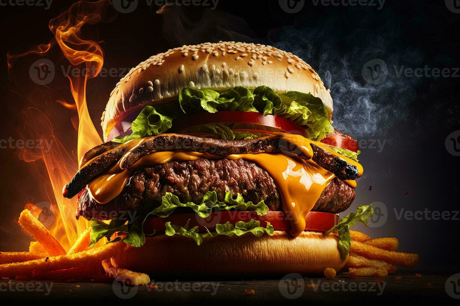 Close-up of a juicy burger with fries, it look very delicious. Big ...