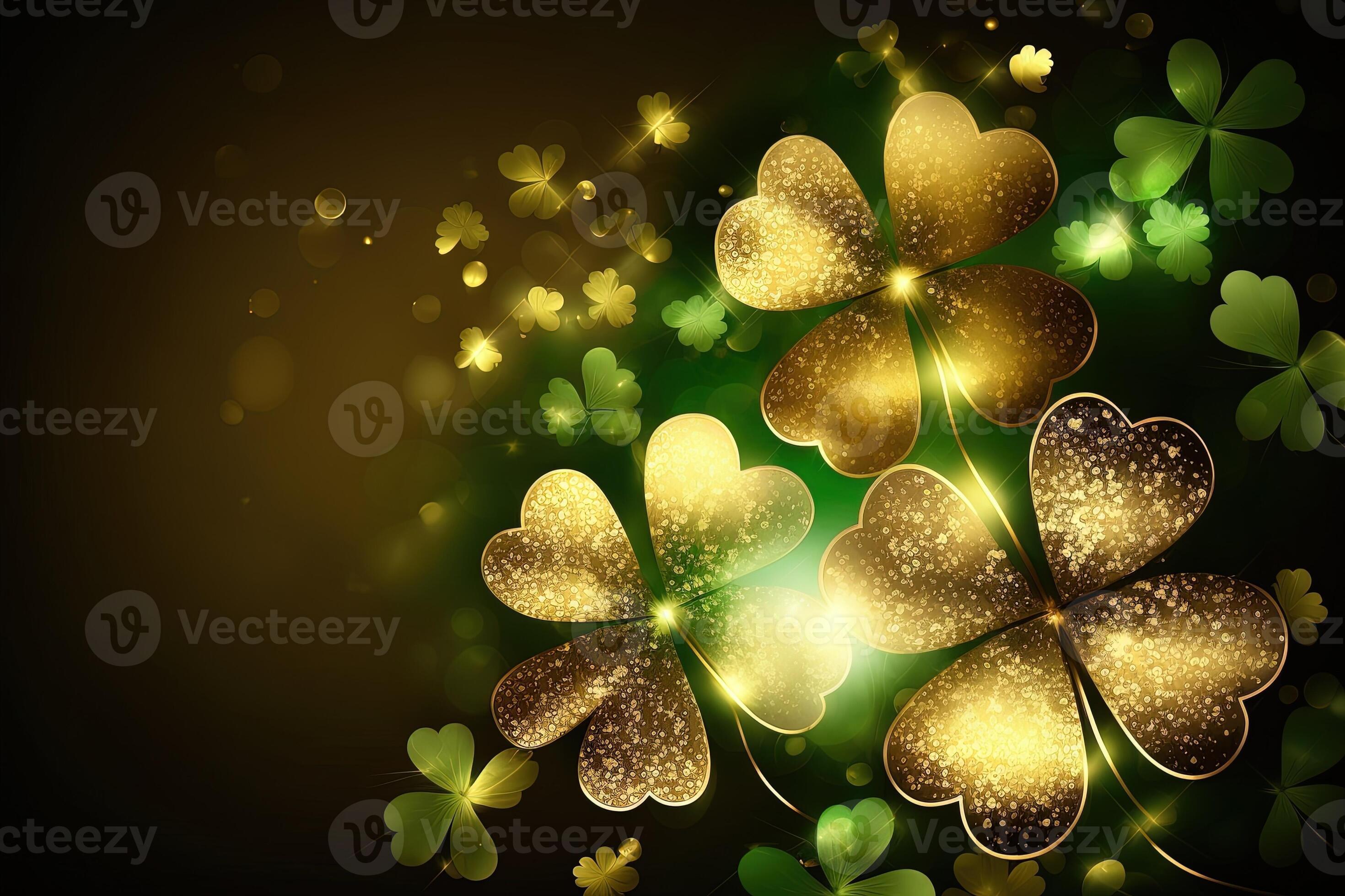 Festive Background With Shining Clover Shamrocks And Golden Bokeh St
