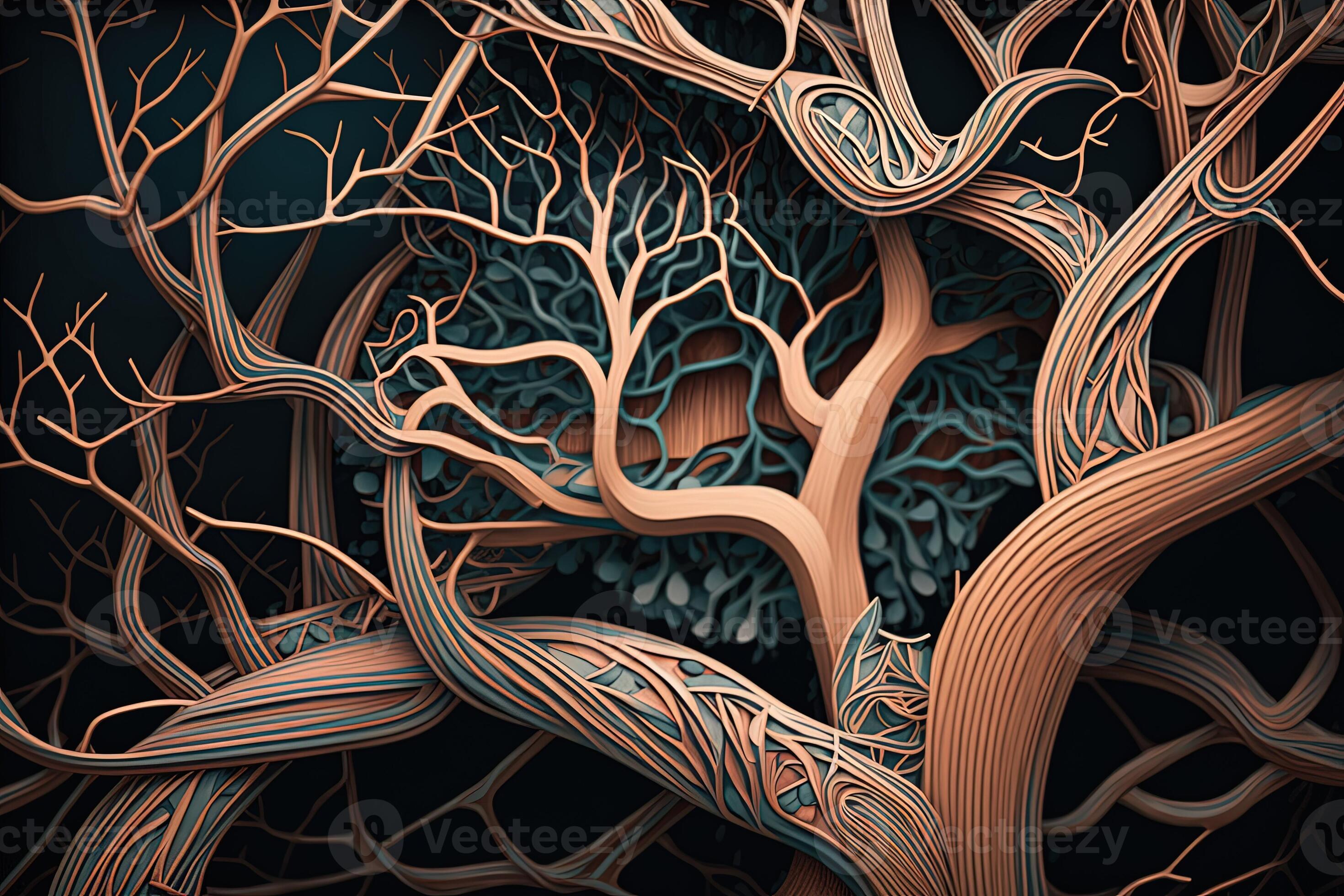 Abstract intricate intertwined wood branches created with technology ...