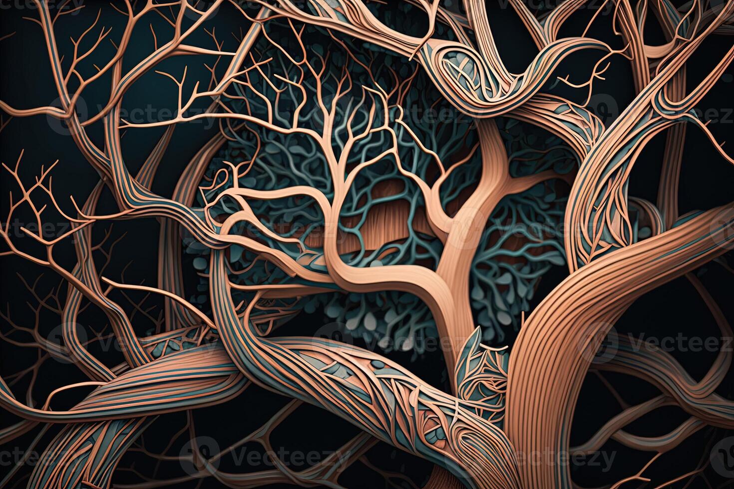Abstract intricate intertwined wood branches created with technology ...