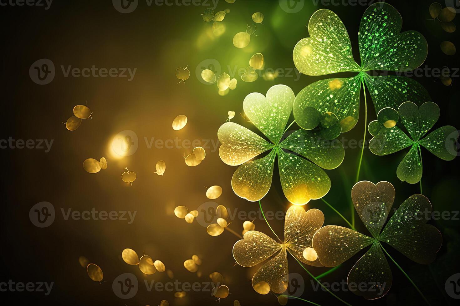Festive Background With Shining Clover Shamrocks And Golden Bokeh St
