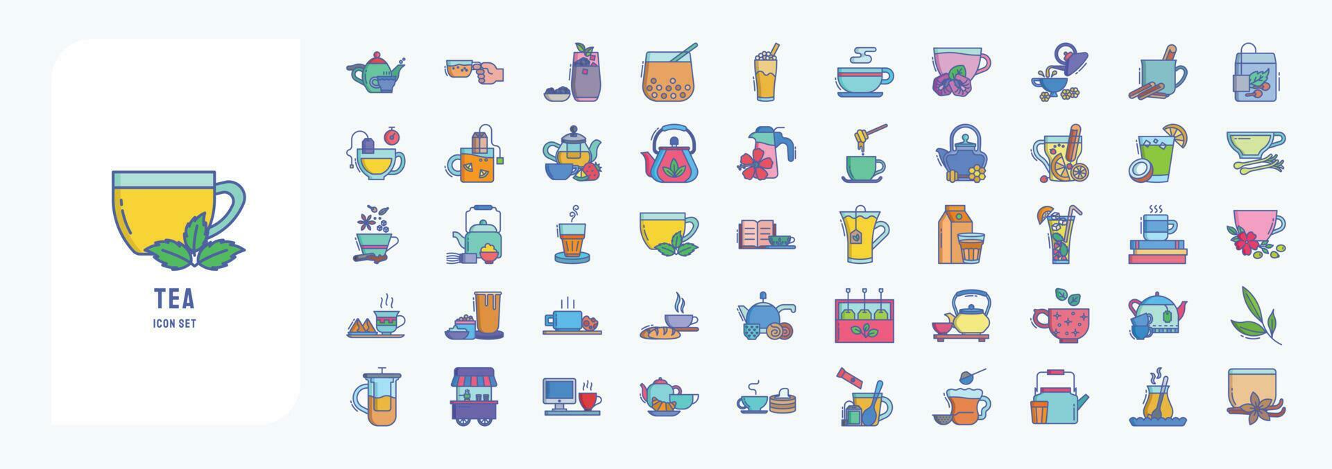 Collection of icons related to Tea, including icons like Black tea, milk, Bubble tea, Green tea ...
