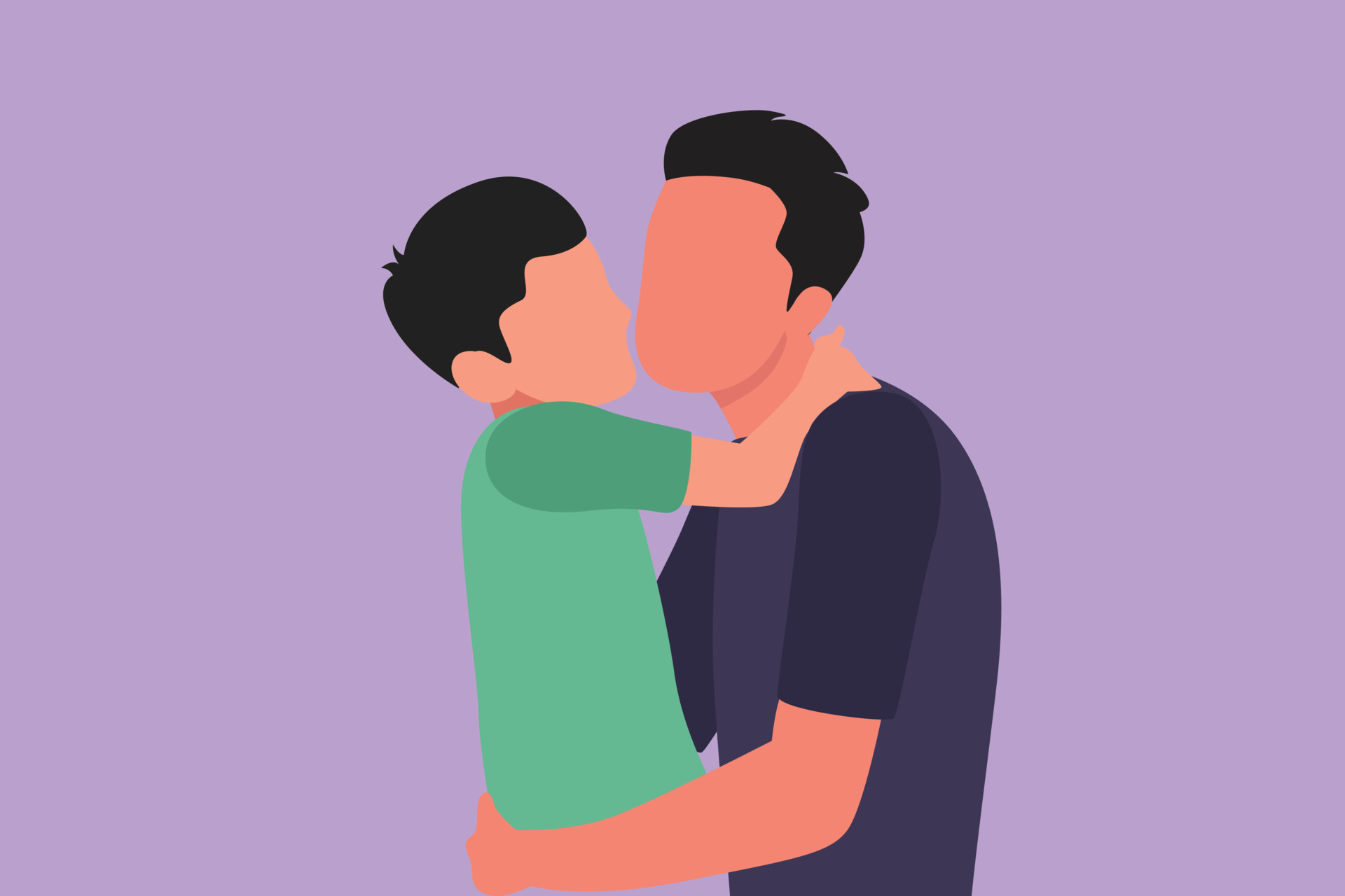Cartoon flat style drawing sweet little boy hugging and kissing his ... Cartoon flat style drawing sweet little boy hugging and kissing his ...