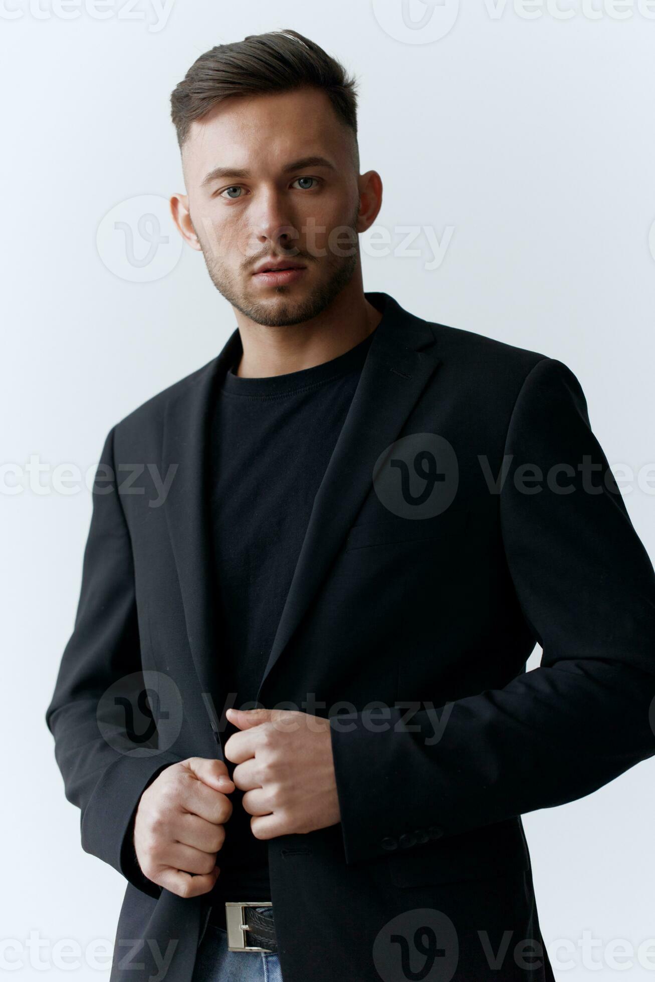 Modelling snapshots. Serious self-confident attractive handsome man in ...