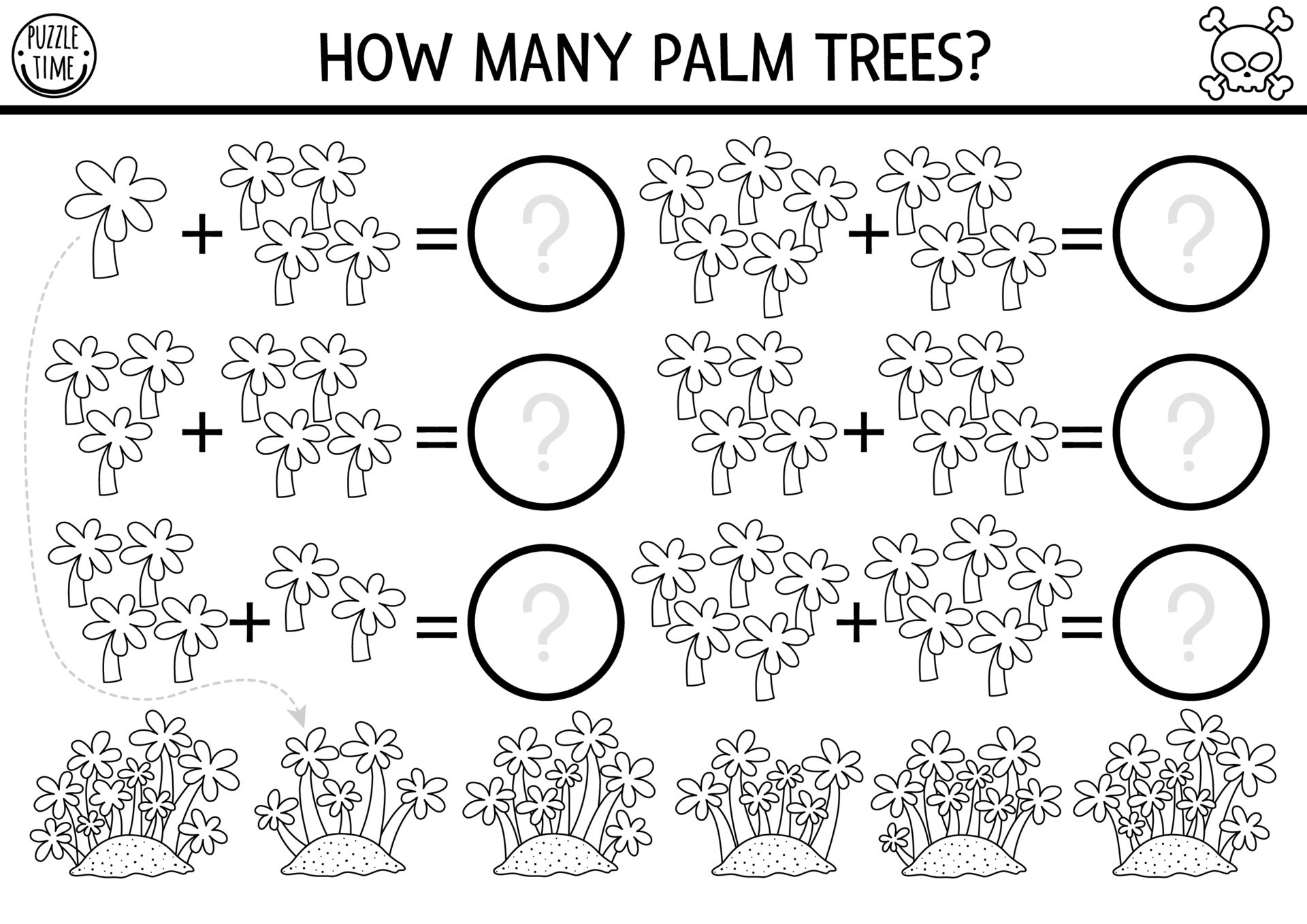 Black and white how many palm trees game. Tropical island line math ...