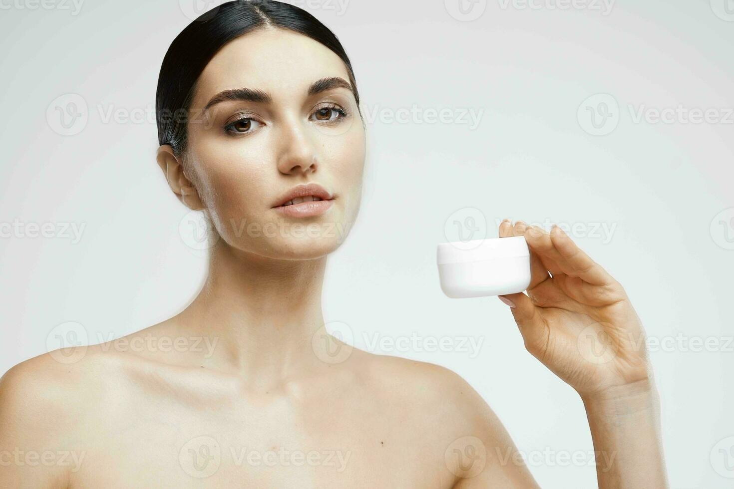 Pretty Woman Naked Shoulders Face Skin Care Light Background 23612328
