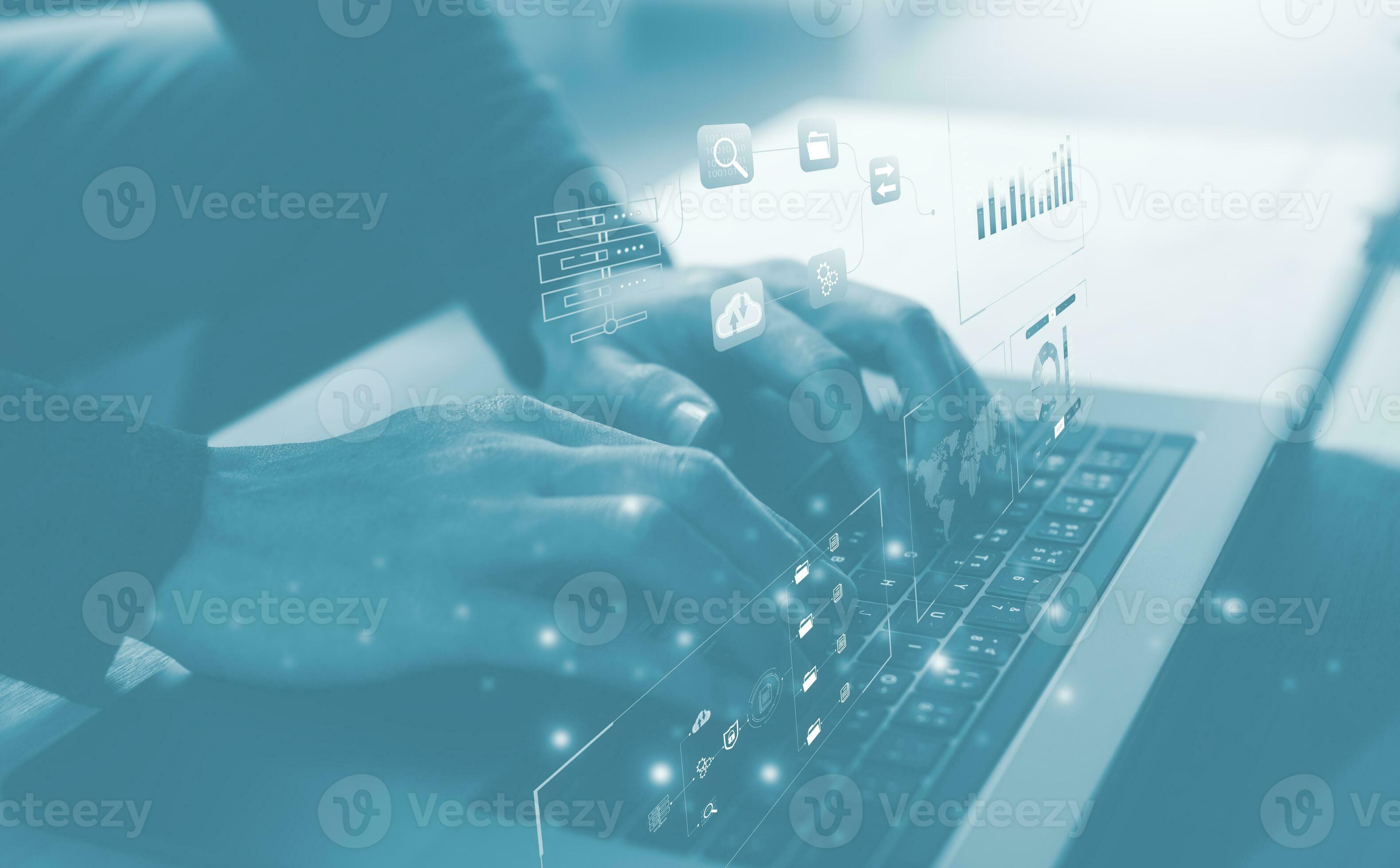 business plan strategy data analysis concept, businessman using computer tablet working virtual ...