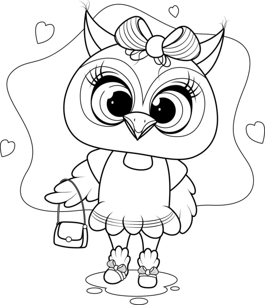 Coloring page. Cute cartoon fashionable owl with bag and bow 23622500 ...