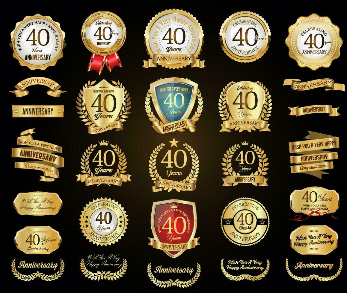 Collection of Anniversary gold laurel wreath badges and labels vector ...