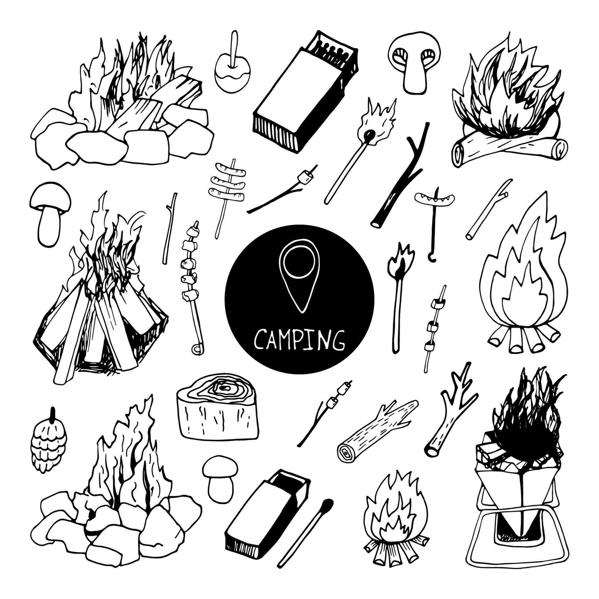 Big Hand Drawn Vector Campfire Clip Art Set Isolated On White Background Drawing For Prints