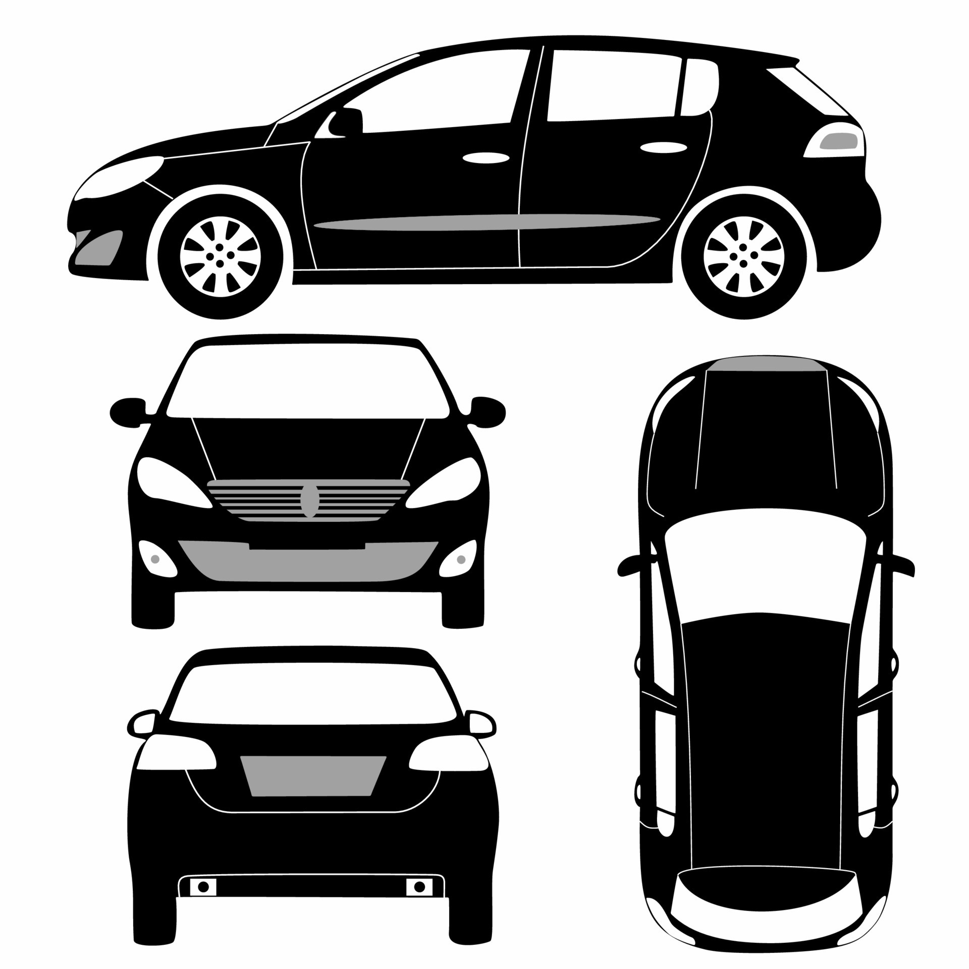 Car silhouette on white background. Vehicle icons set the view from side, front, rear and top ...