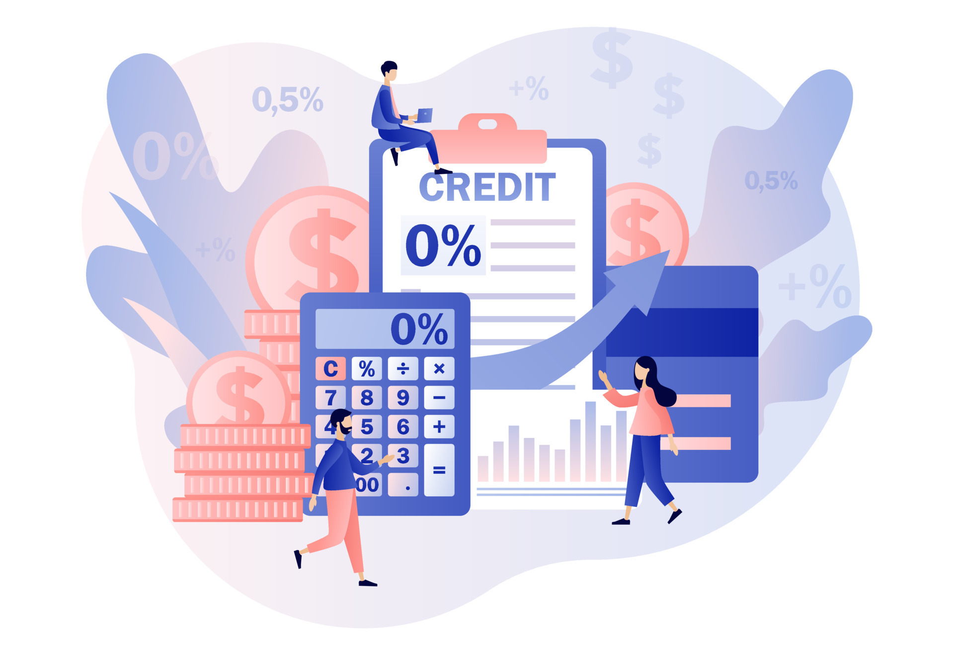 Bank credit concept. Tiny people signing loan agreement. Percent, good ... Bank credit concept. Tiny people signing loan agreement. Percent, good ...