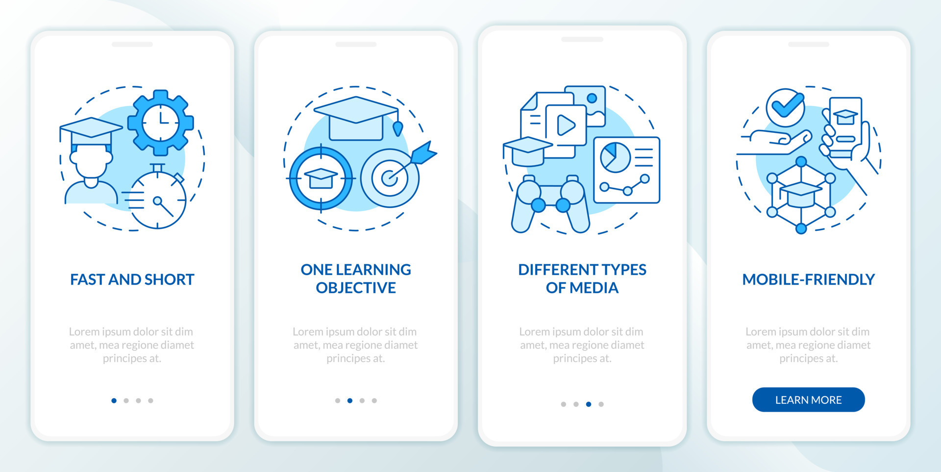 Microtraining aspects blue onboarding mobile app screen. Walkthrough 4 ...