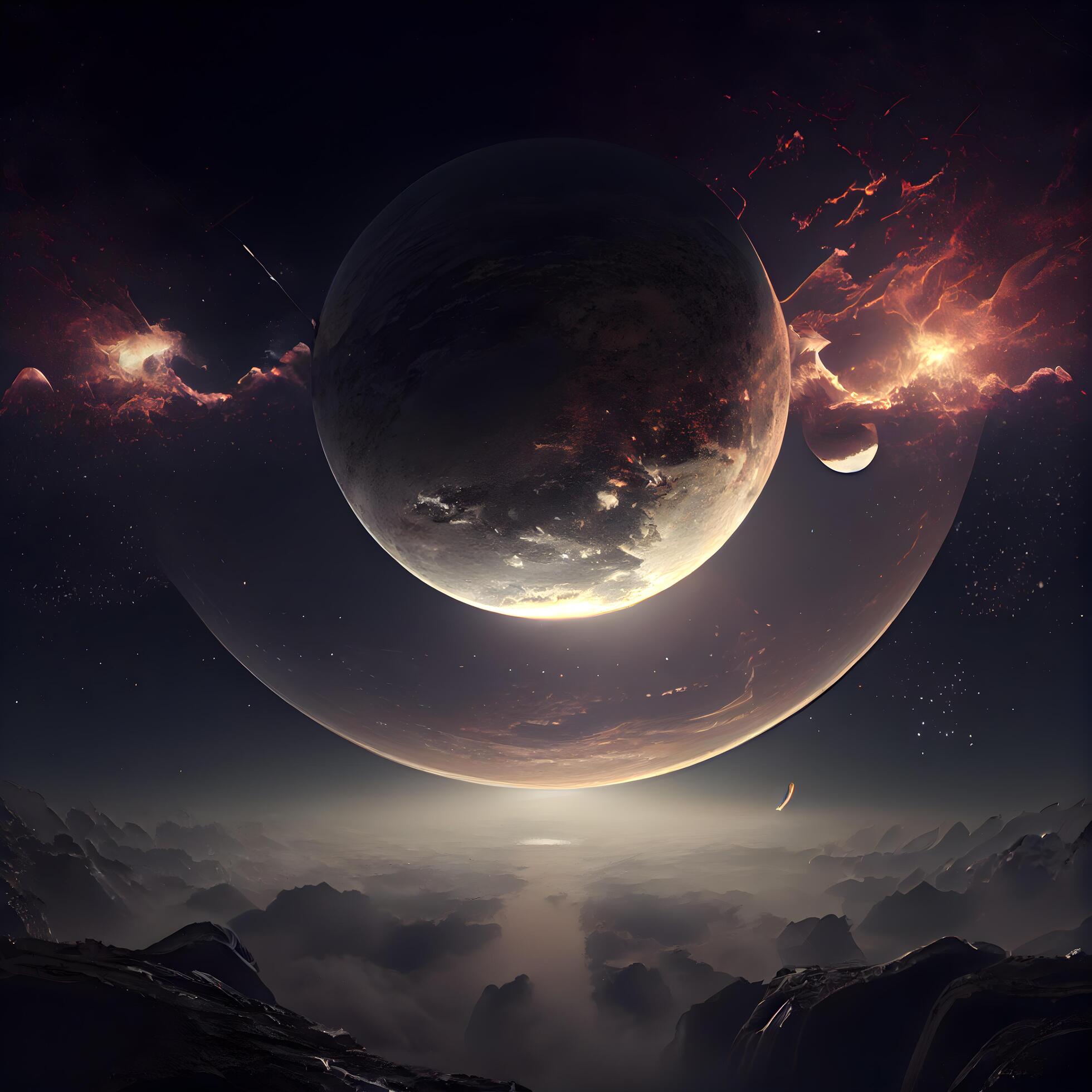 Fantasy landscape with planet in space. 3d illustration. Elements of this image furnished by ...