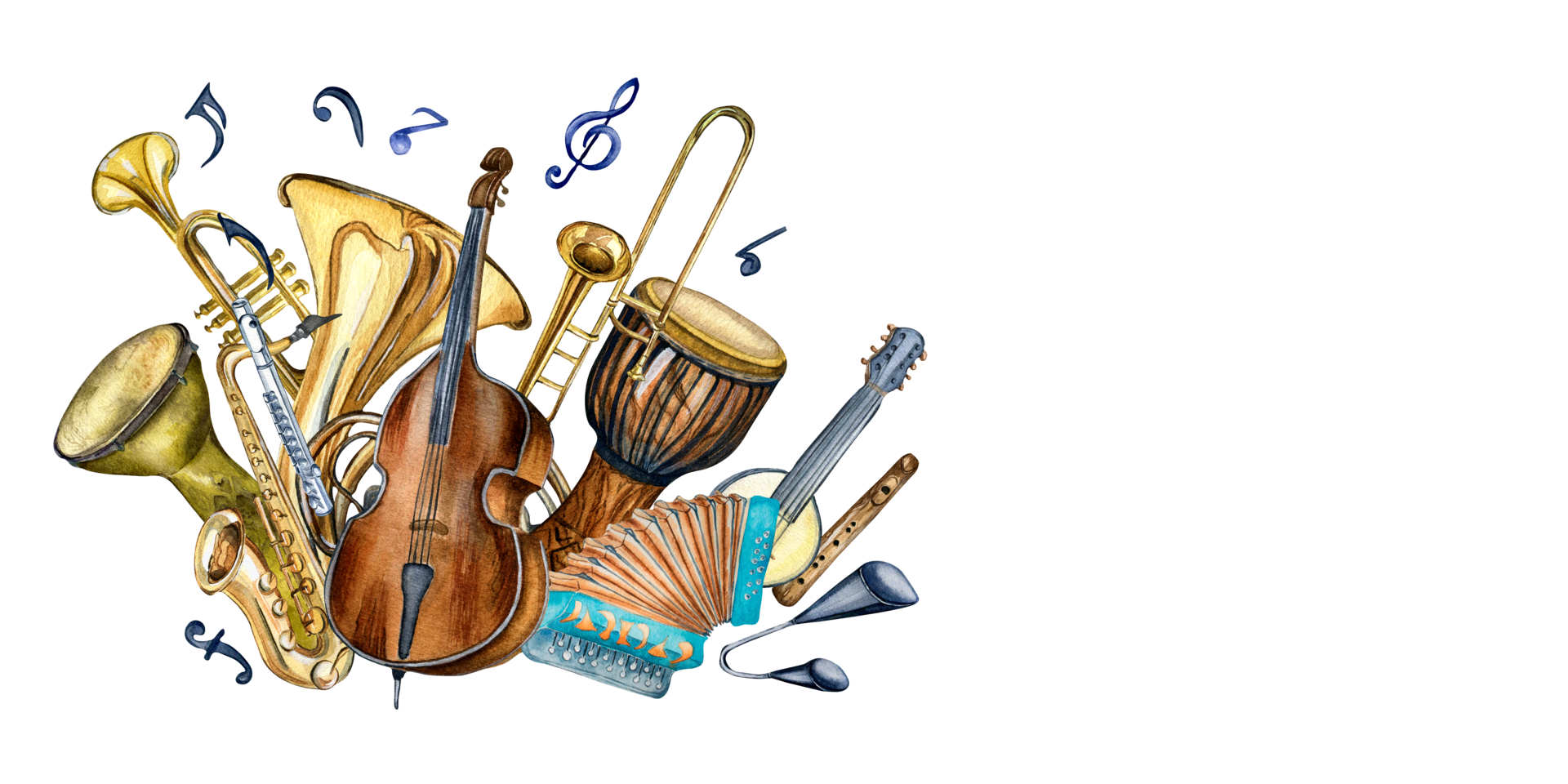 Composition Of Various Musical Instruments And Symbol Watercolor Illustration Horn Flute