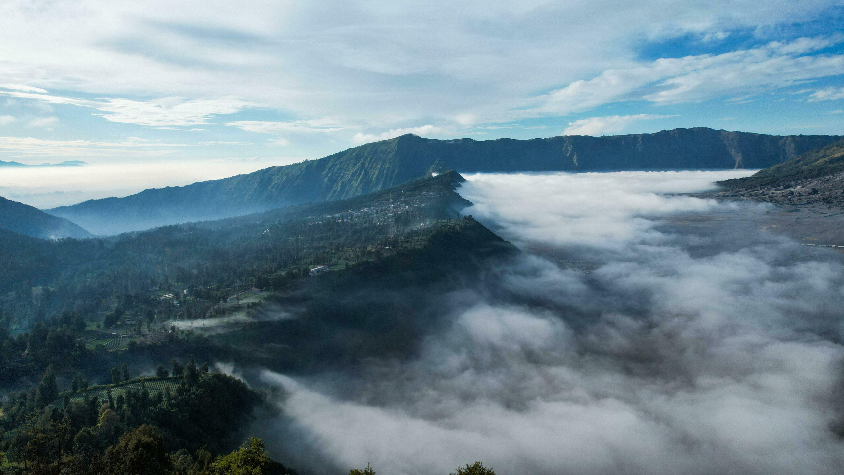 Aerial view of the Mount Bromo, is an active volcano and part of the ...