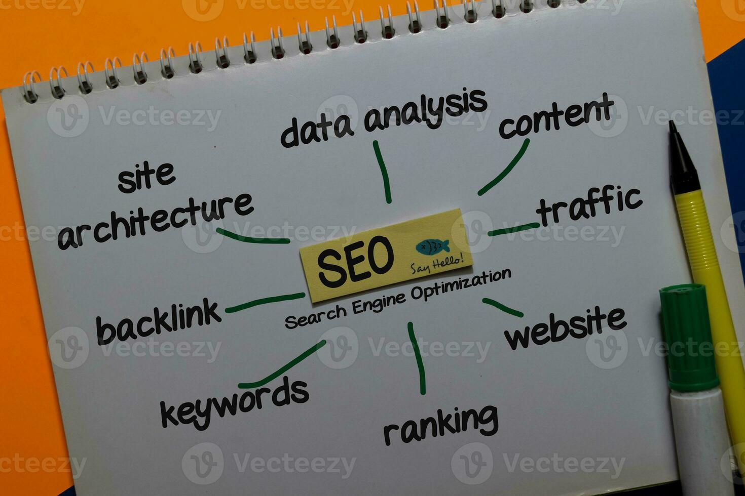 Seo On Sticky Note With Keywords Isolated On Office Desk Chart Or