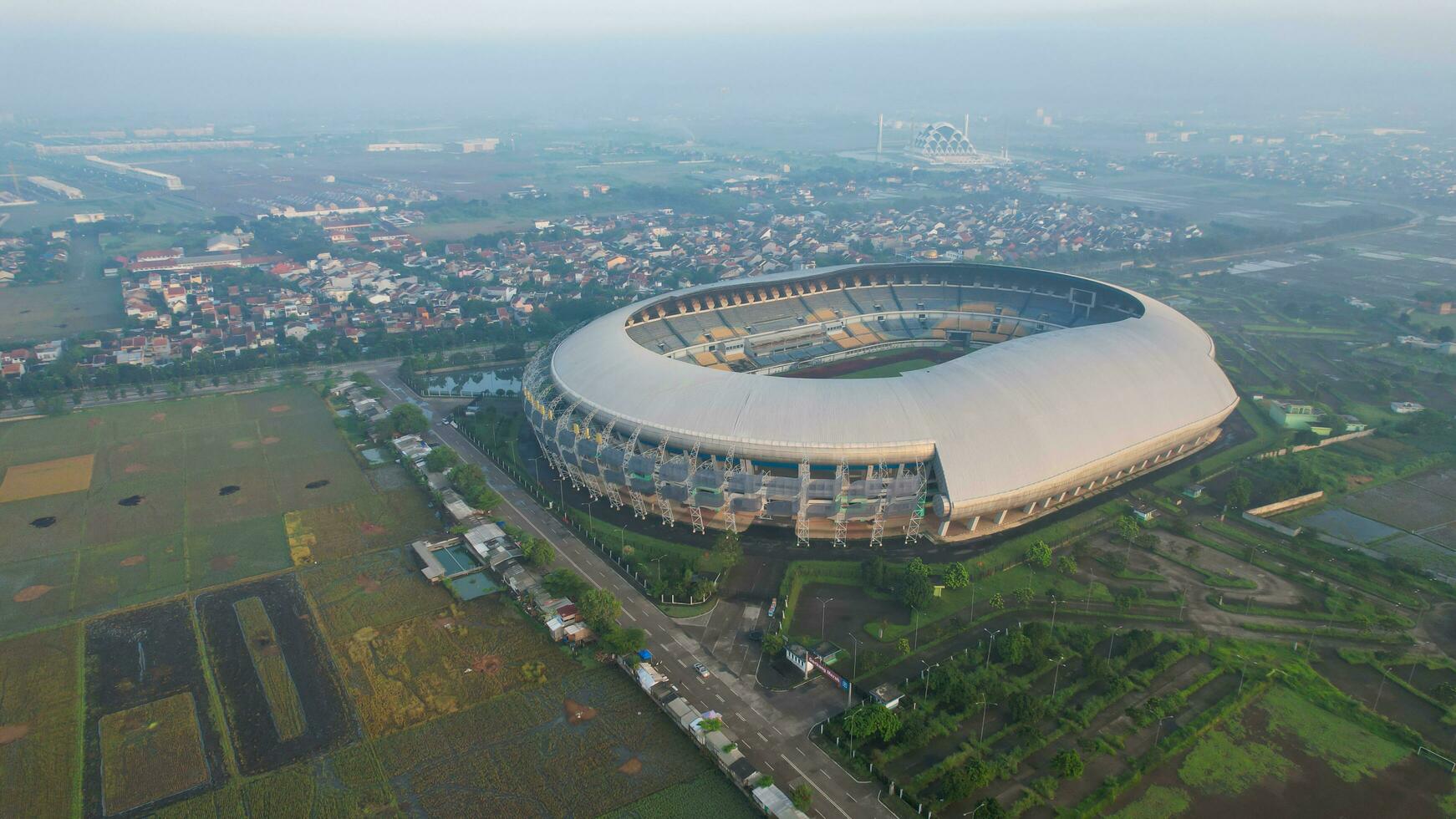 Aerial view of the Beautiful scenery Gelora Bandung Lautan Api Football or Soccer Stadium in the ...