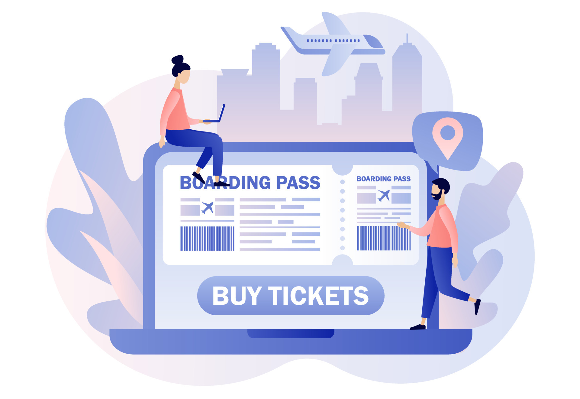 Airline boarding pass ticket on laptop web site. Tiny people booking flights travel online. Buy ...