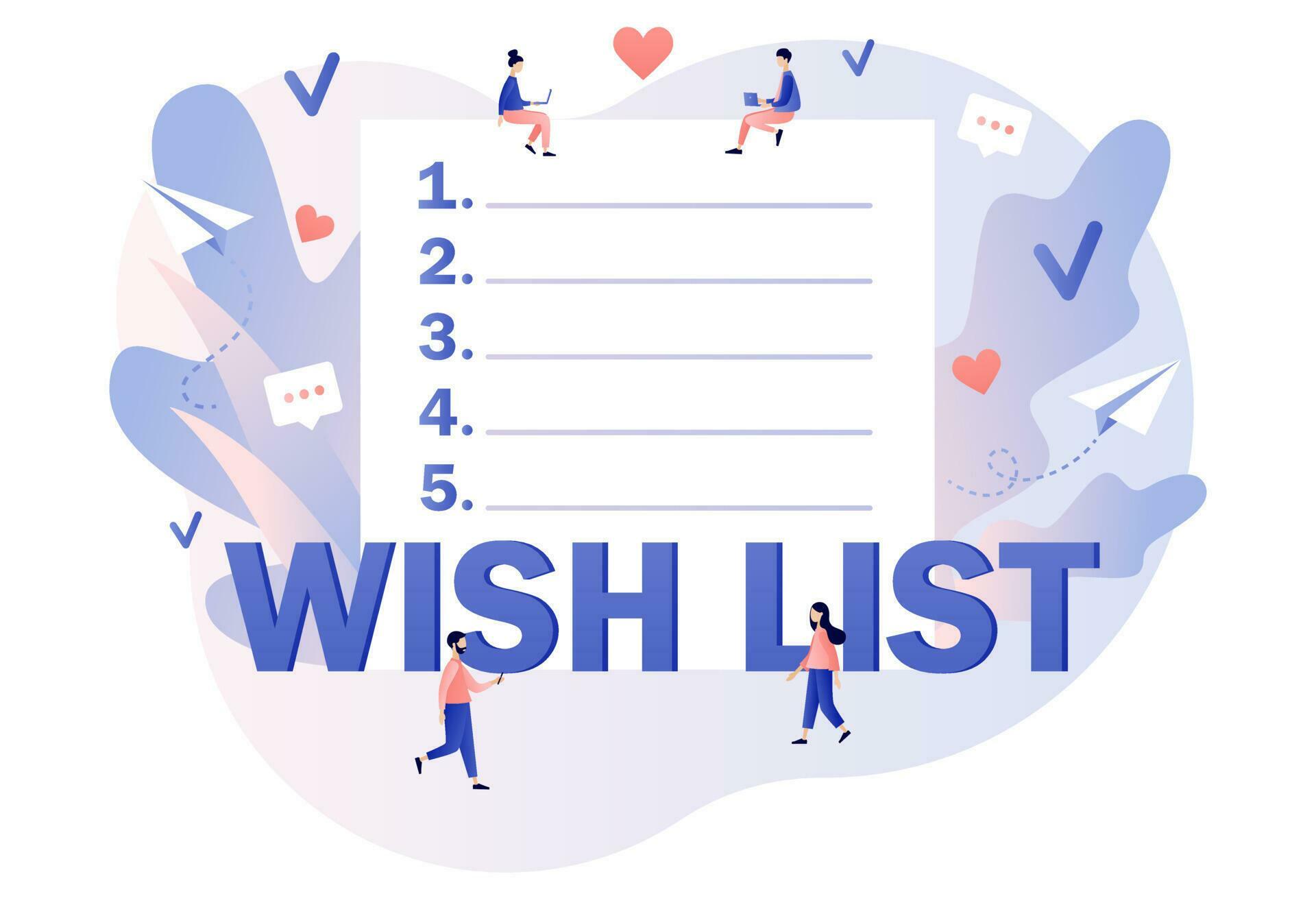 Wishlist concept. Gift and shopping list online. Tiny people writing ...