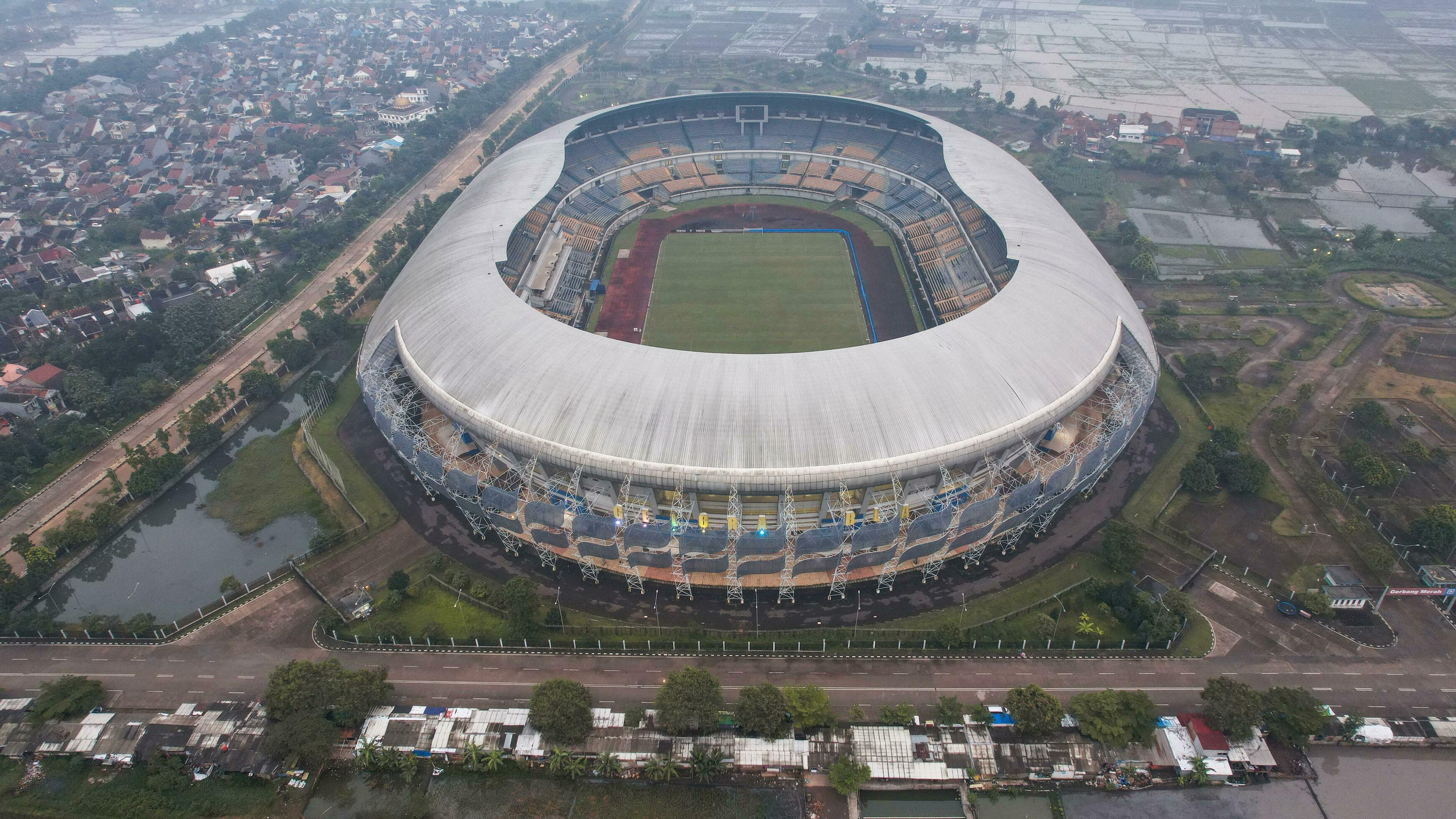 Aerial view of the Beautiful scenery Gelora Bandung Lautan Api Football or Soccer Stadium in the ...