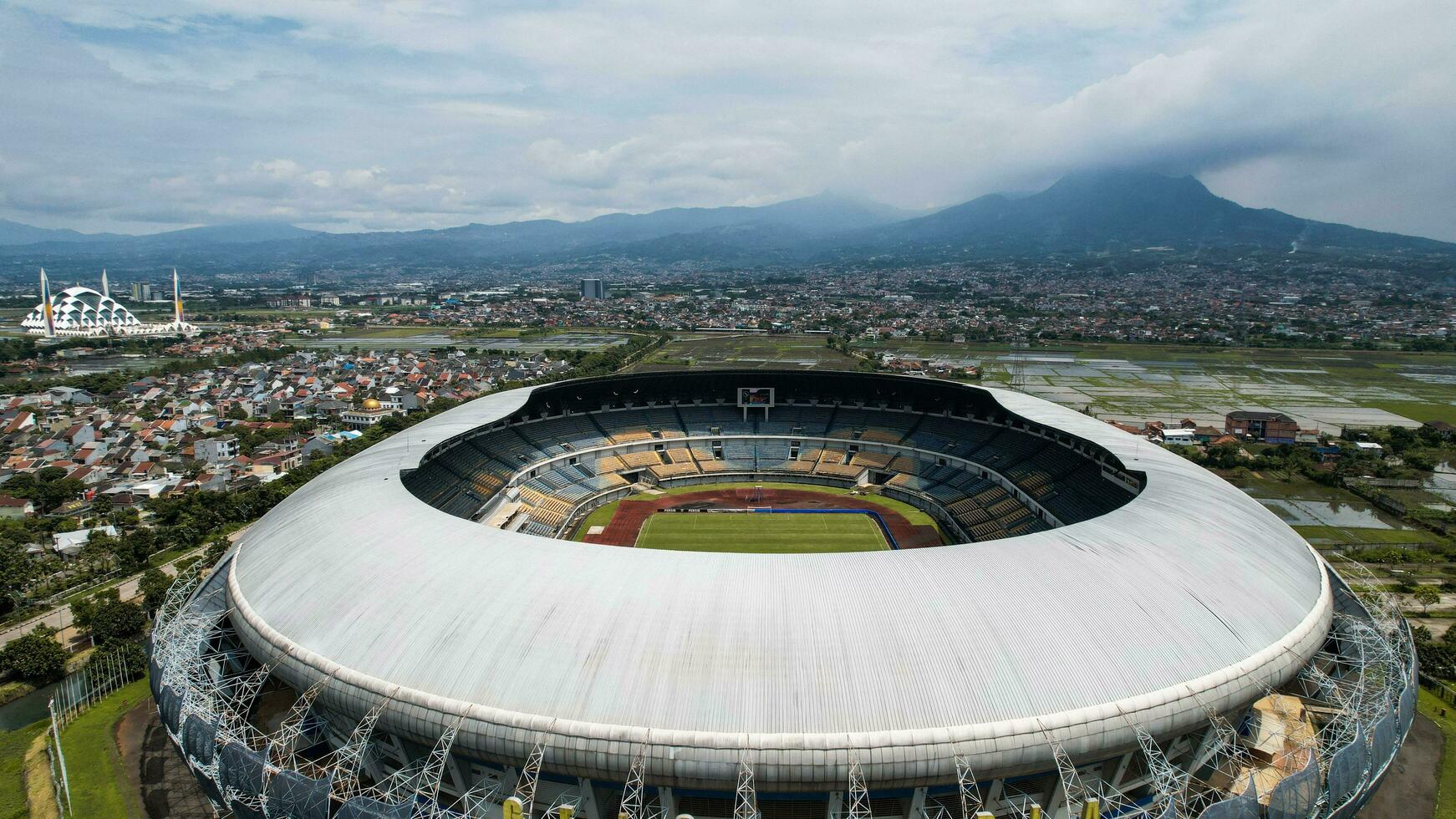 Aerial view of the Beautiful scenery Gelora Bandung Lautan Api Football or Soccer Stadium in the ...