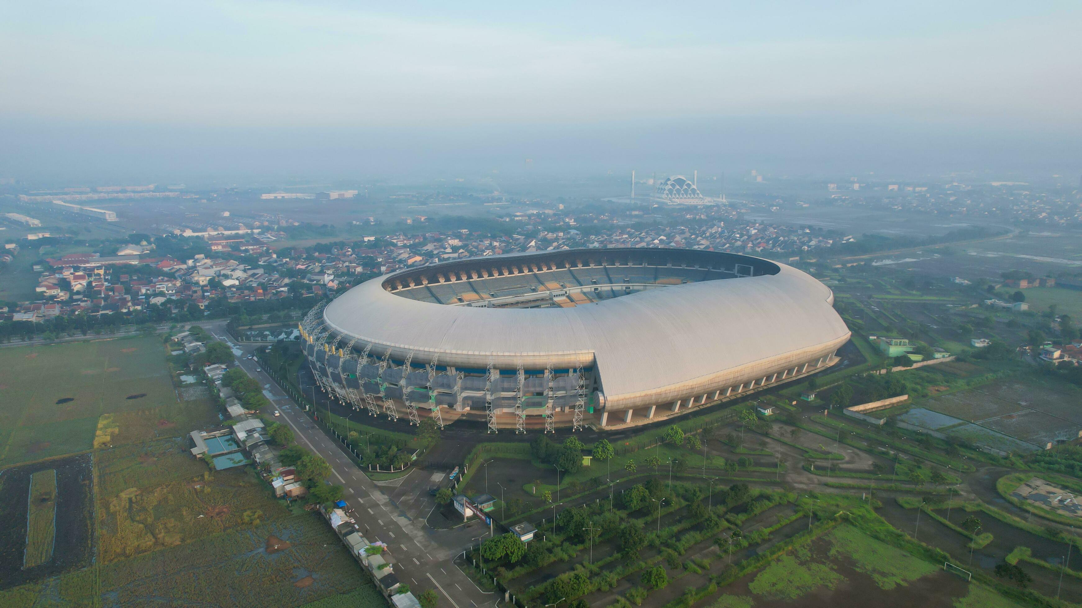 Aerial view of the Beautiful scenery Gelora Bandung Lautan Api Football or Soccer Stadium in the ...
