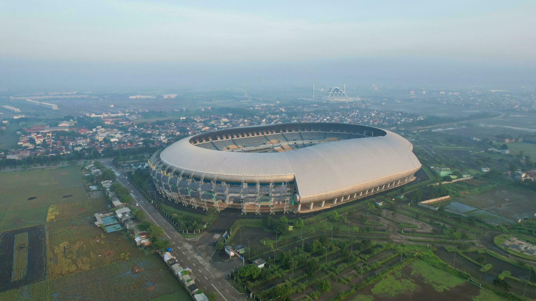 Aerial view of the Beautiful scenery Gelora Bandung Lautan Api Football or Soccer Stadium in the ...