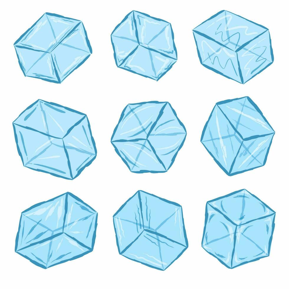 Ice cubes set vector illustration. Cartoon isolated transparent frozen water from freeze, blue ...